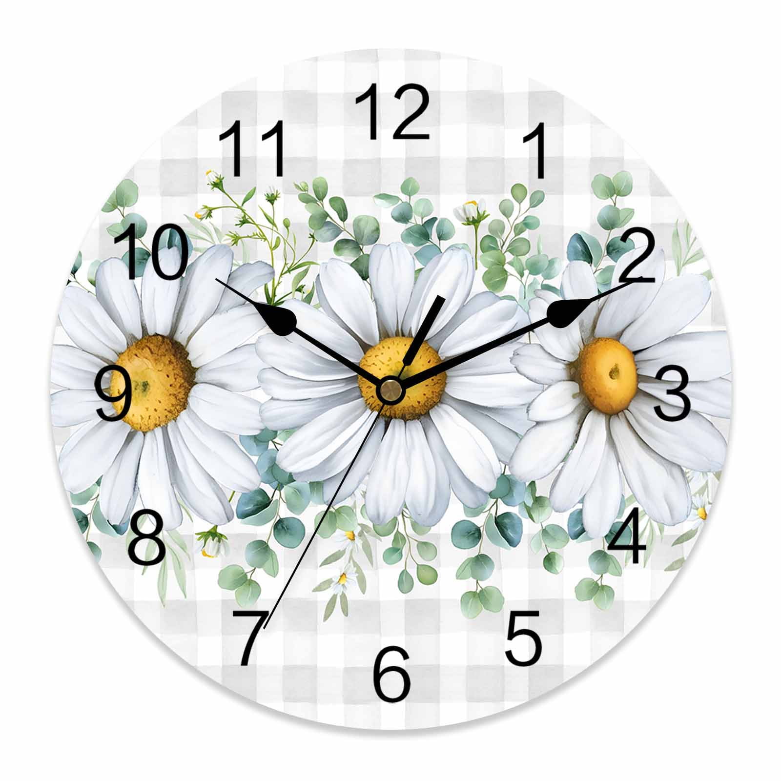 Wall Clock Daisy Floral Clocks PVC Silent Non-Ticking Battery Operated ...