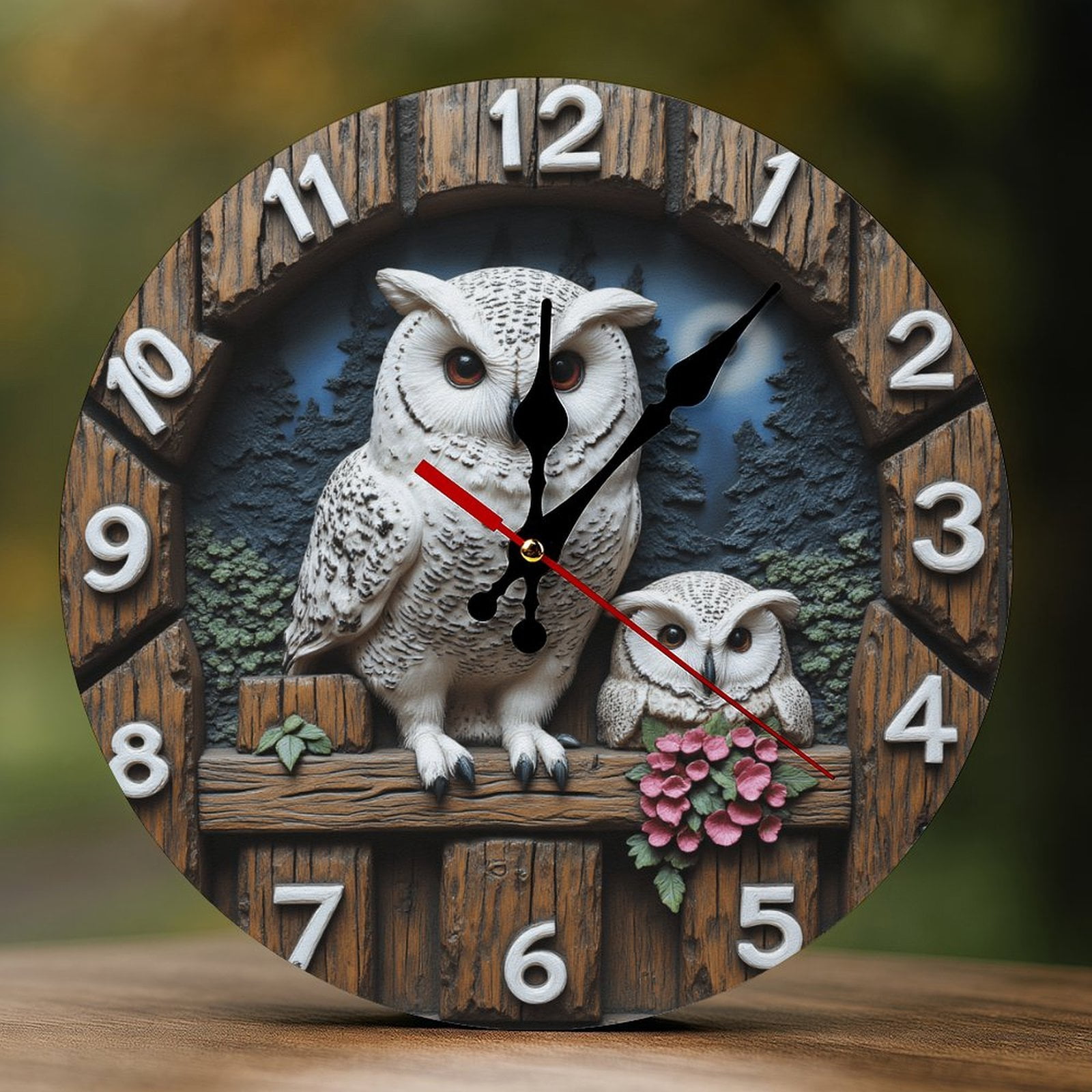Wall Clock Decorative - Cute Owl Family on Fence Print 2D Vintage Wall ...