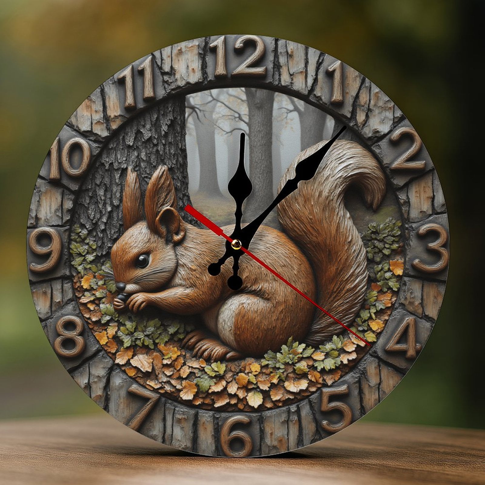 Wall Clock Decorative - Cute Squirrel in Forest Print 2D Vintage Wall Clocks Battery Operated ...