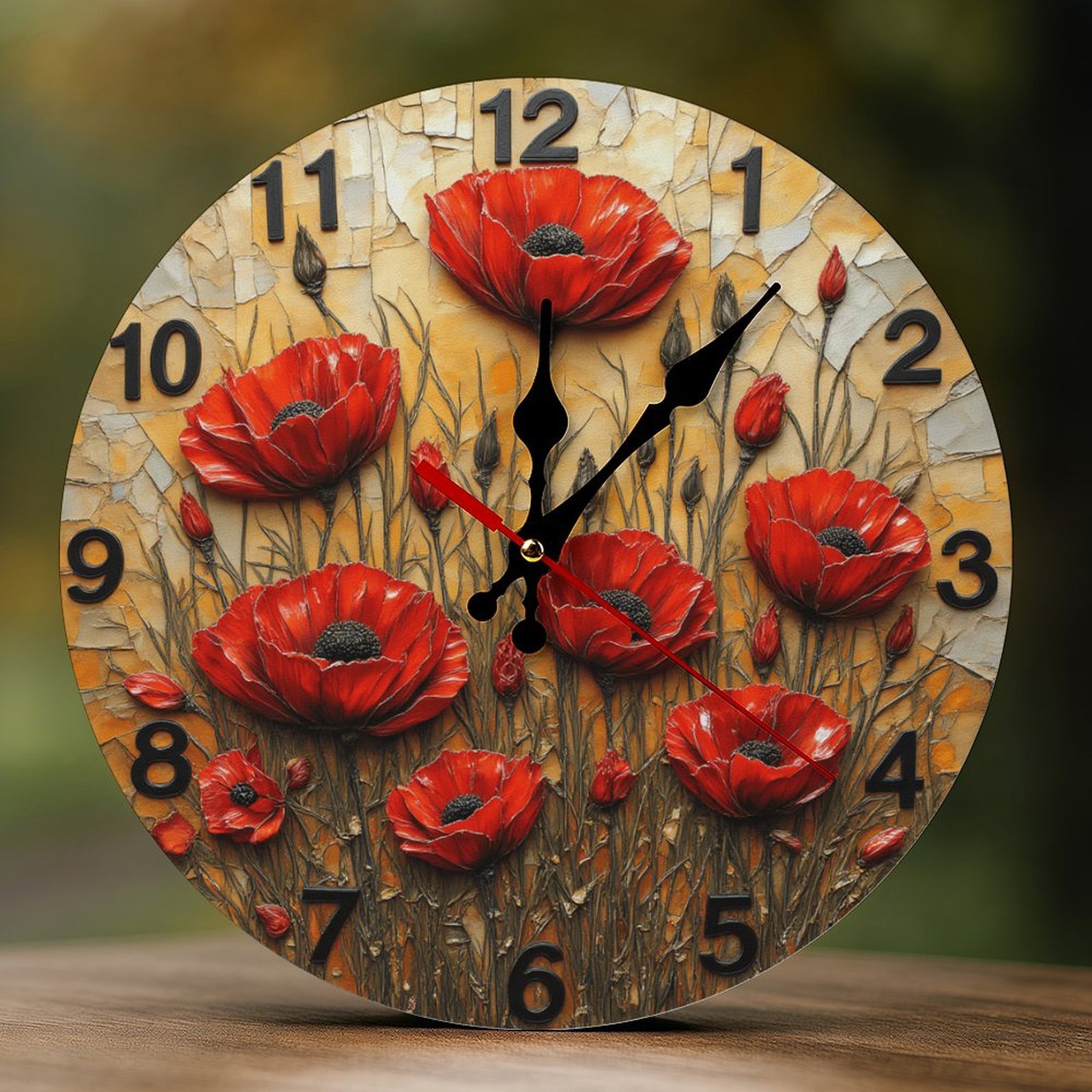 Wall Clock Decorative - Red Floral Art Print 2D Vintage Wall Clocks ...