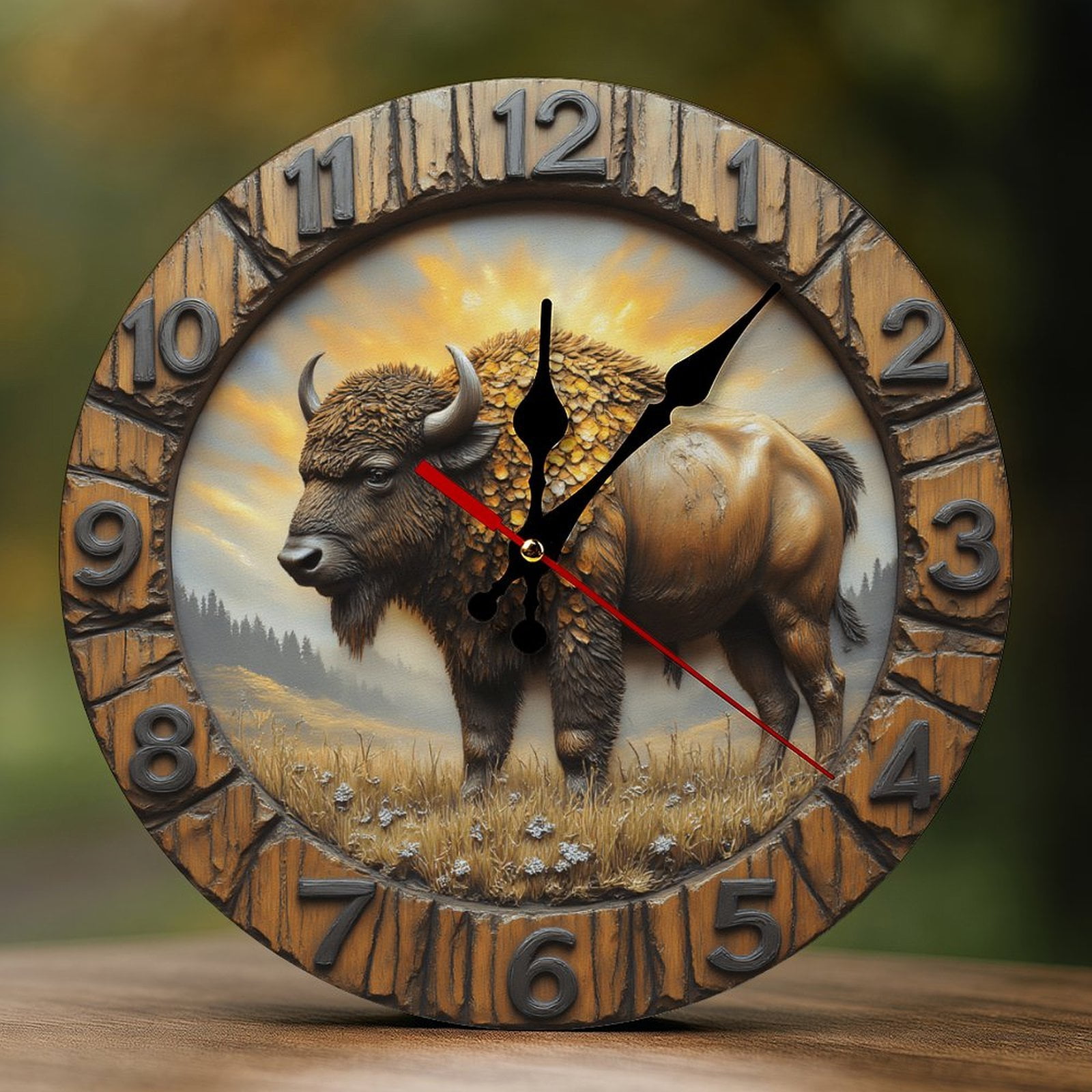 Wall Clock Decorative - Rustic Brown Bison Print 2D Vintage Wall Clocks ...