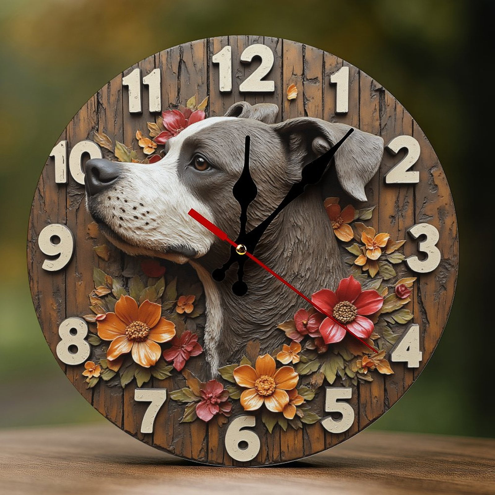 Wall Clock Decorative - Rustic Brown Dog Flowers Print 2D Vintage Wall Clocks Battery Operated ...