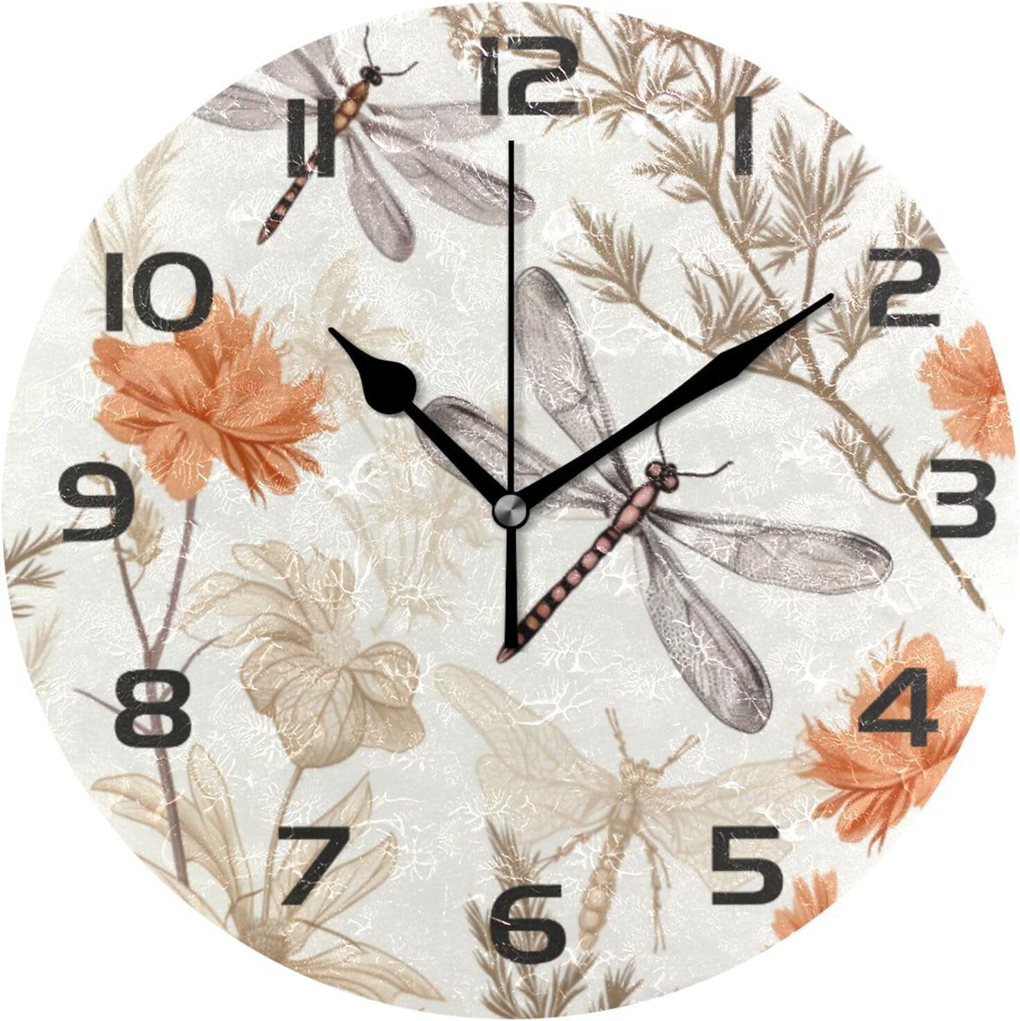Wall Clock Dragonfly in Flower 10 Inch Silent Non Ticking Quality ...