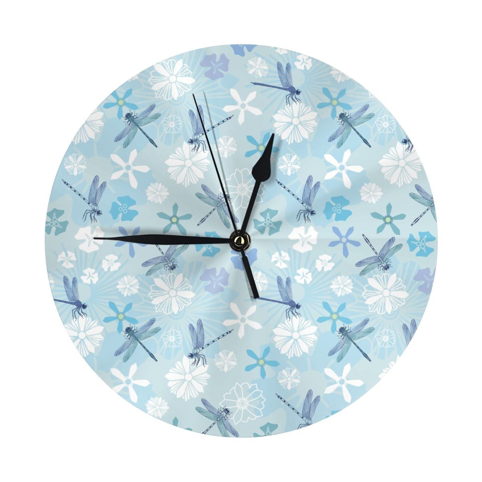 Wall Clock Dragonfly Flower Light Blue Wall Clocks Battery Operated ...