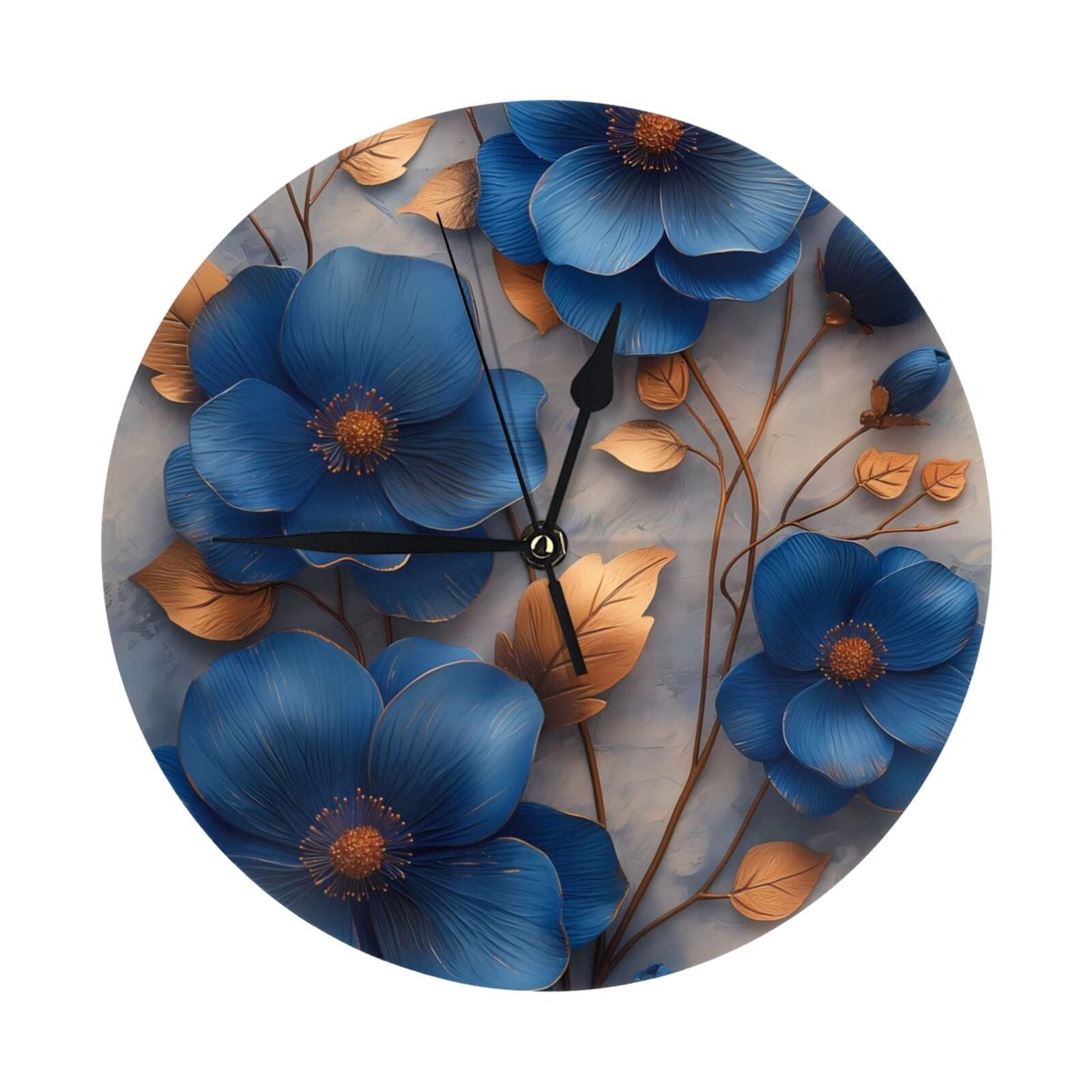 Wall Clock, Elegant Blue Gold Blooms Wall Clocks Battery Operated ...