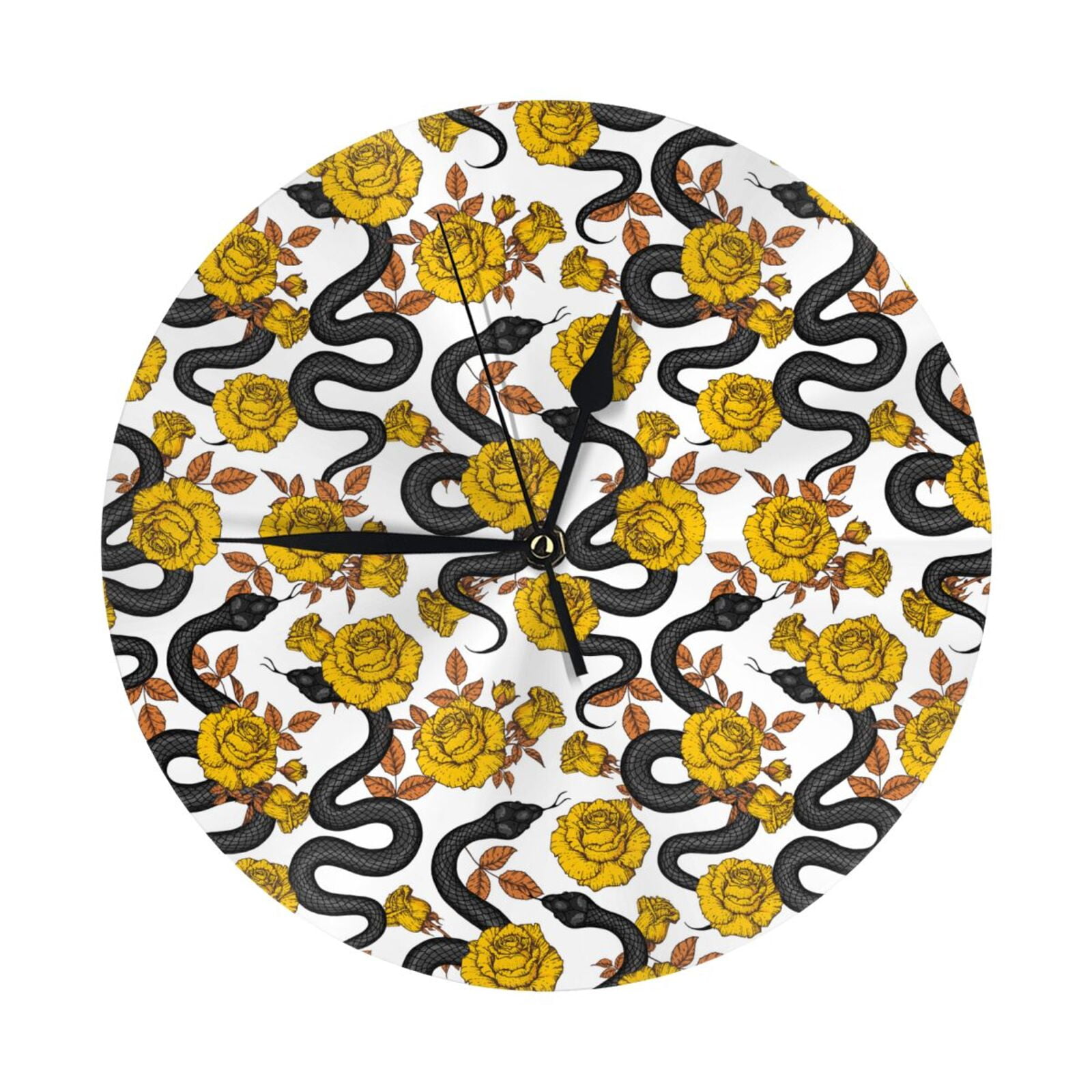 Wall Clock Elegant Snake Black Flower Gold Wall Clocks Battery Operated ...