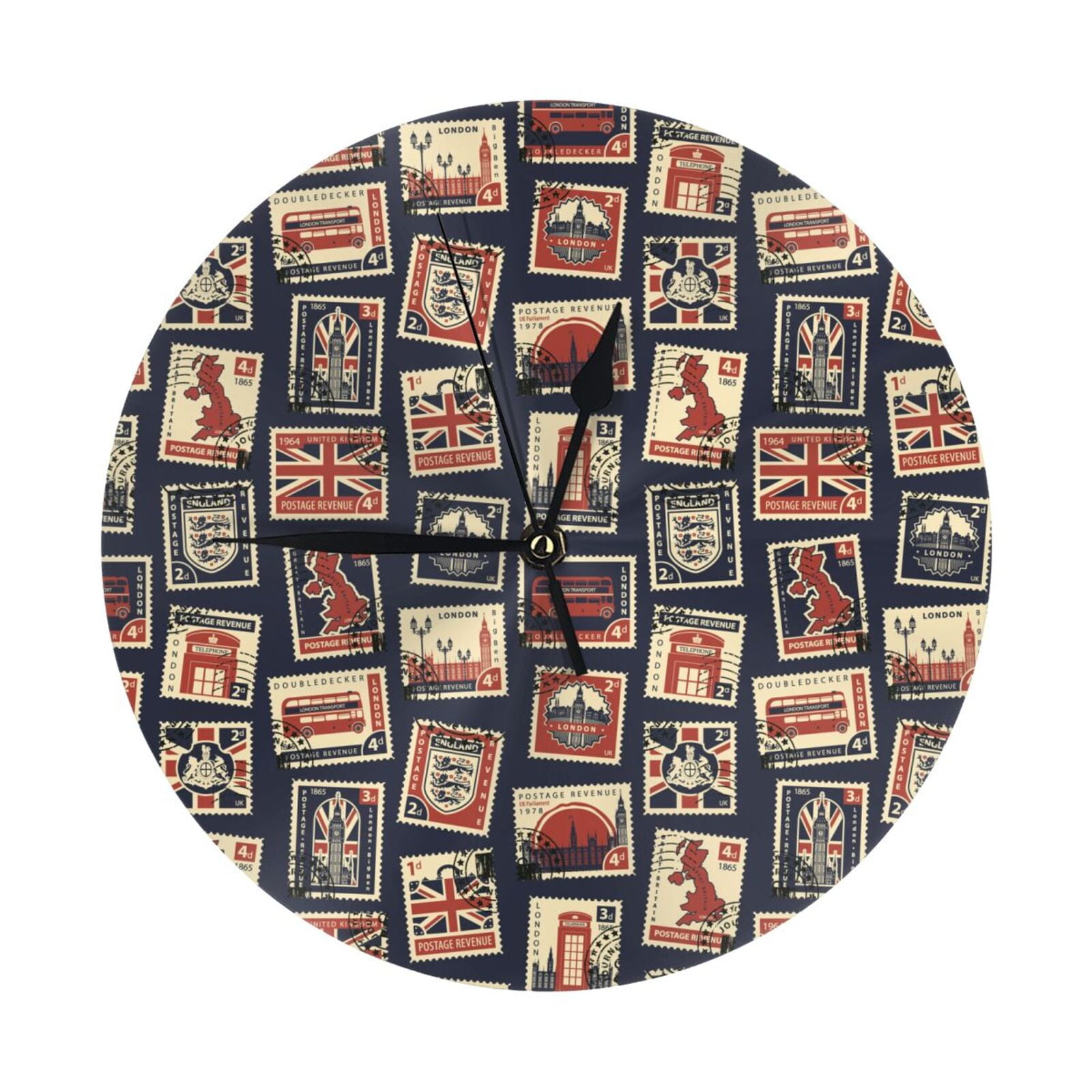 Wall Clock, England Stamps Pattern Wall Clocks Battery Operated Silent ...