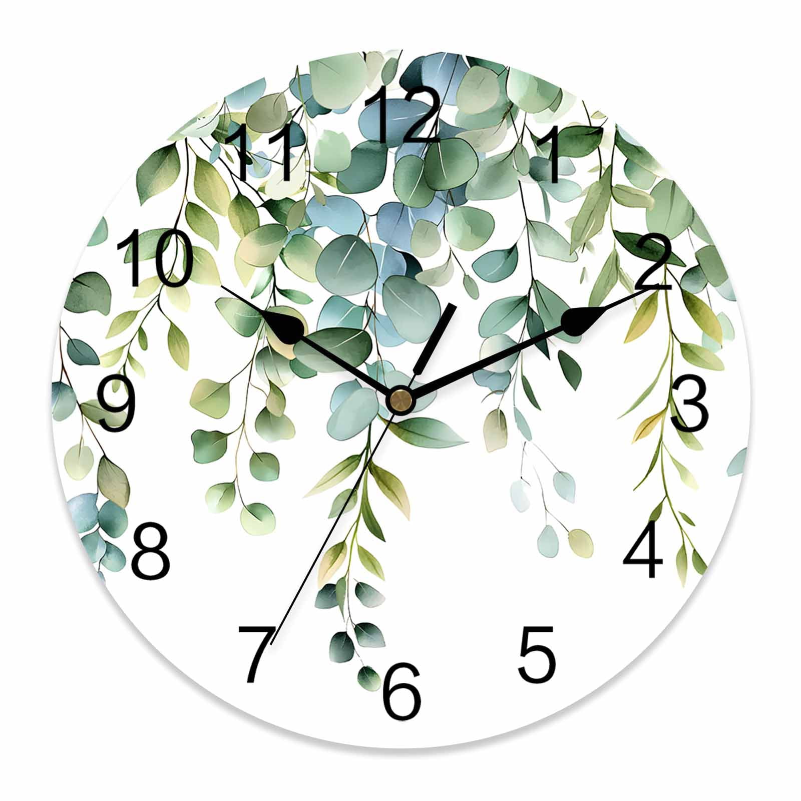 Wall Clock Eucalyptus Leaves Clocks PVC Silent Non-Ticking Battery ...