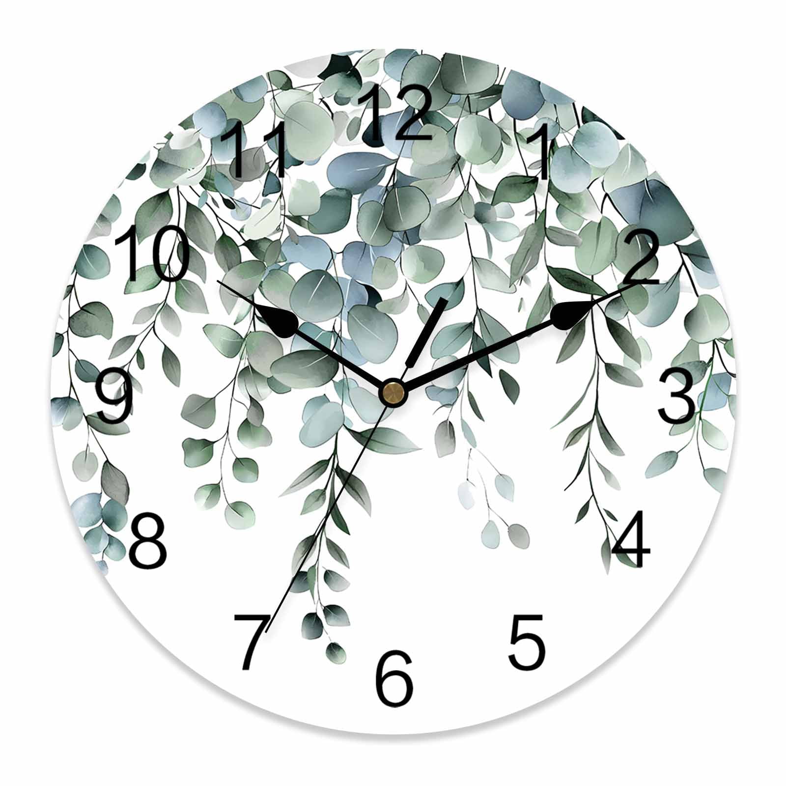 Wall Clock Eucalyptus Leaves Clocks PVC Silent Non-Ticking Battery ...