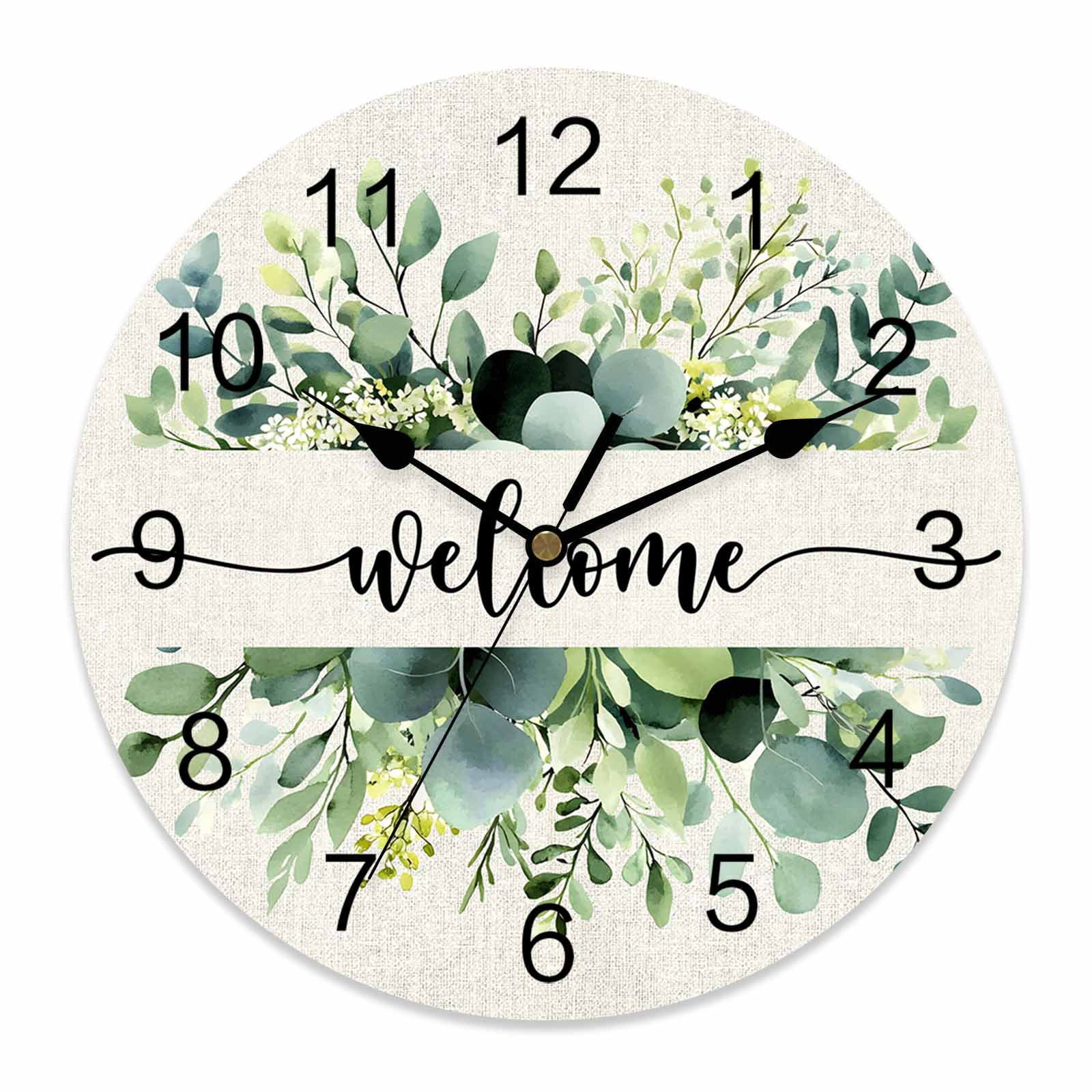 Wall Clock Eucalyptus Leaves Clocks PVC Silent Non-Ticking Battery ...