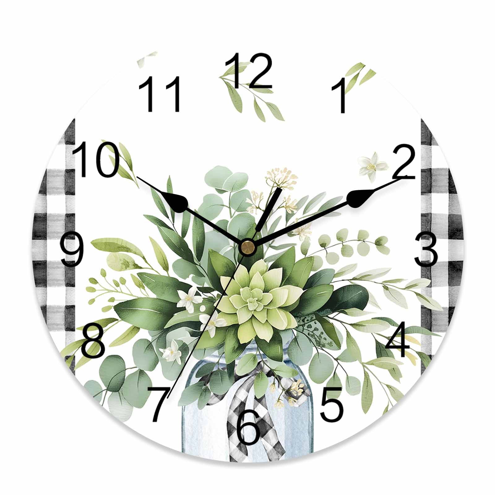Wall Clock Eucalyptus Leaves Vase Clocks PVC Silent Non-Ticking Battery ...