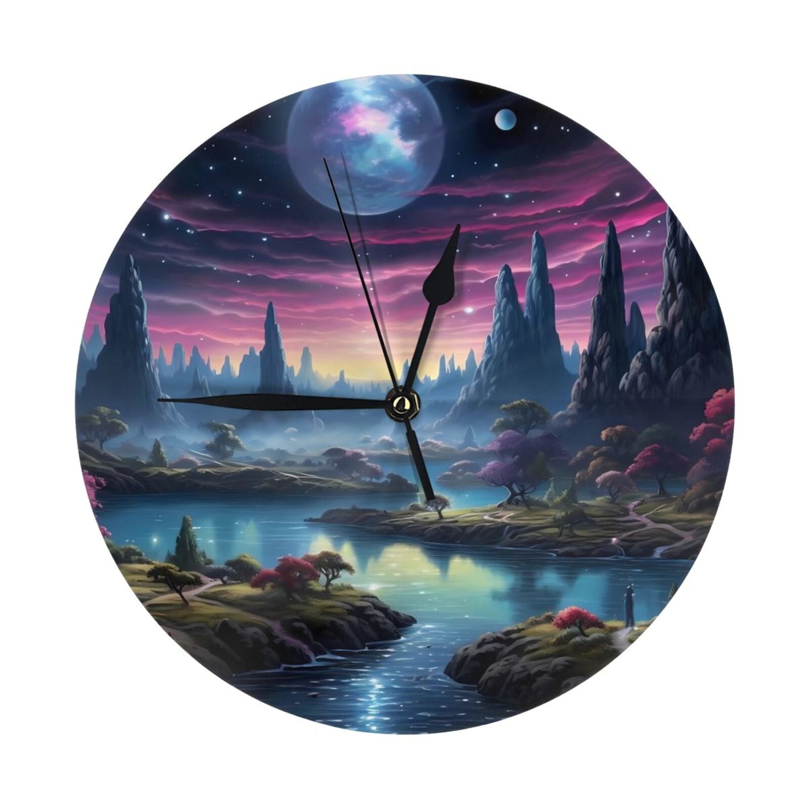 Wall Clock, Fantasy Landscape Starry Night Wall Clocks Battery Operated ...