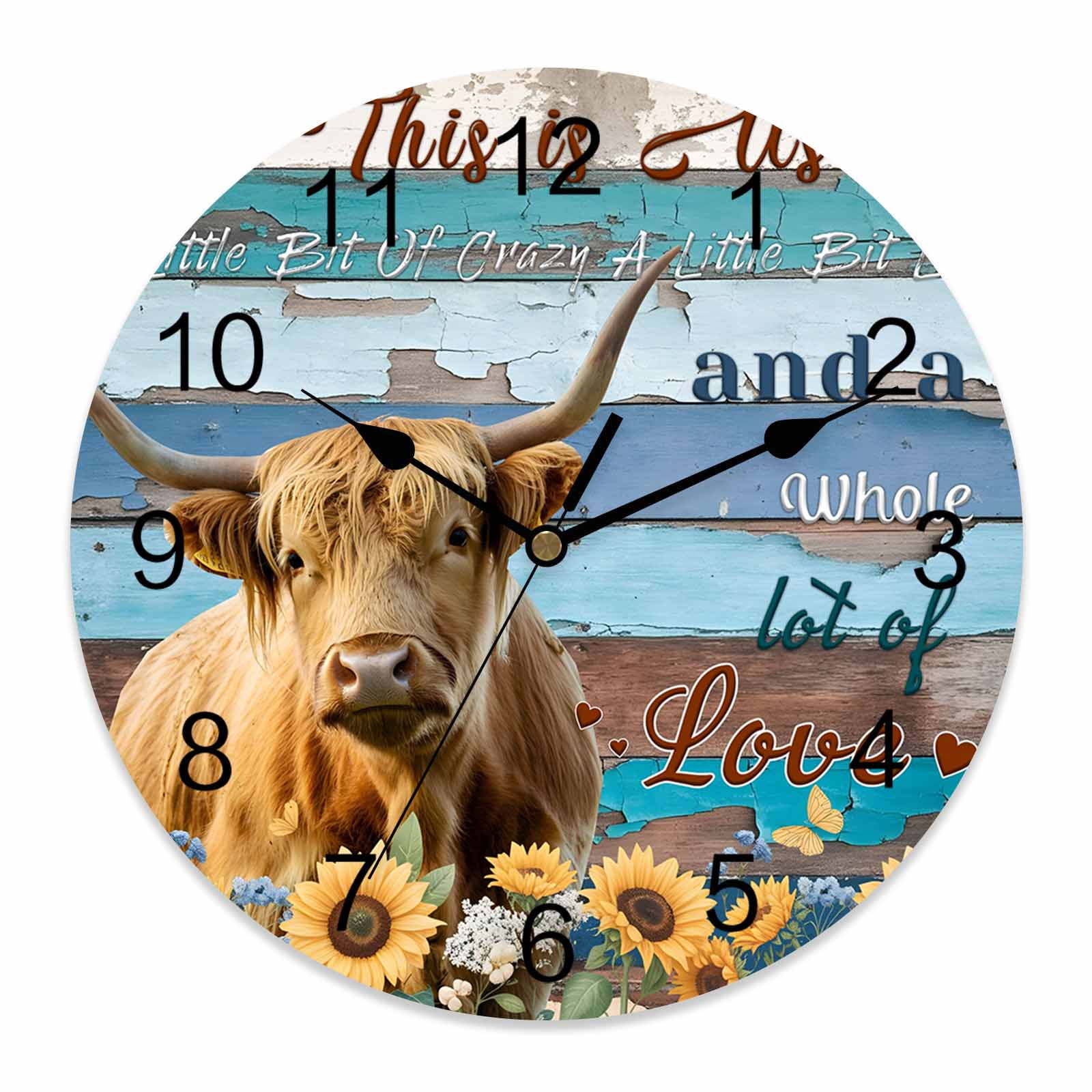 Wall Clock Farm Highland Cattle Sunflower Clocks PVC Silent Non-Ticking ...