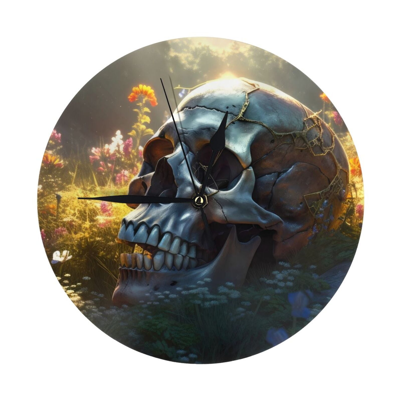 Wall Clock, Flower Field Skull Wall Clocks Battery Operated Silent ...