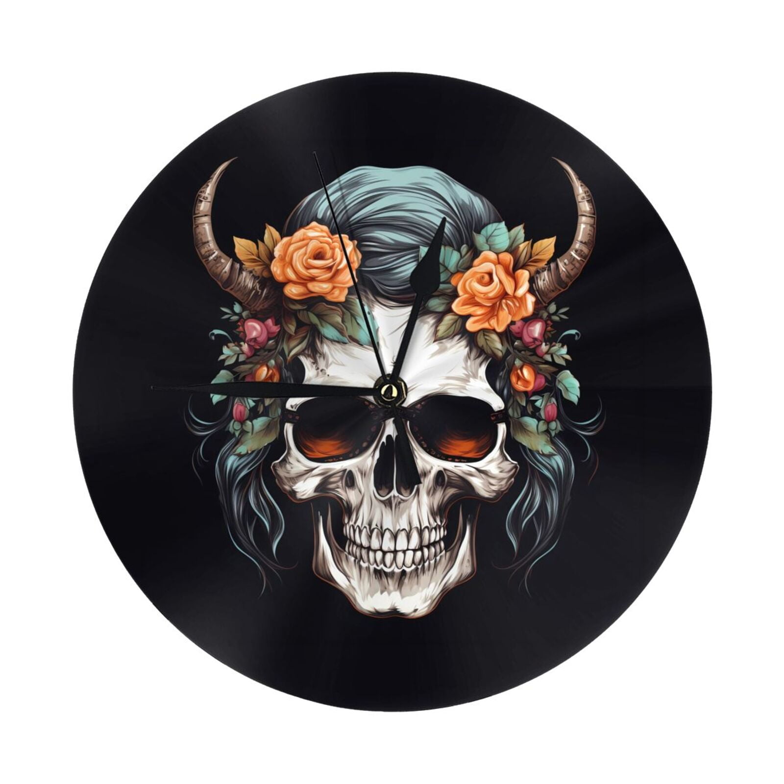 Wall Clock, Flower Horn Skull Wall Clocks Battery Operated Silent ...