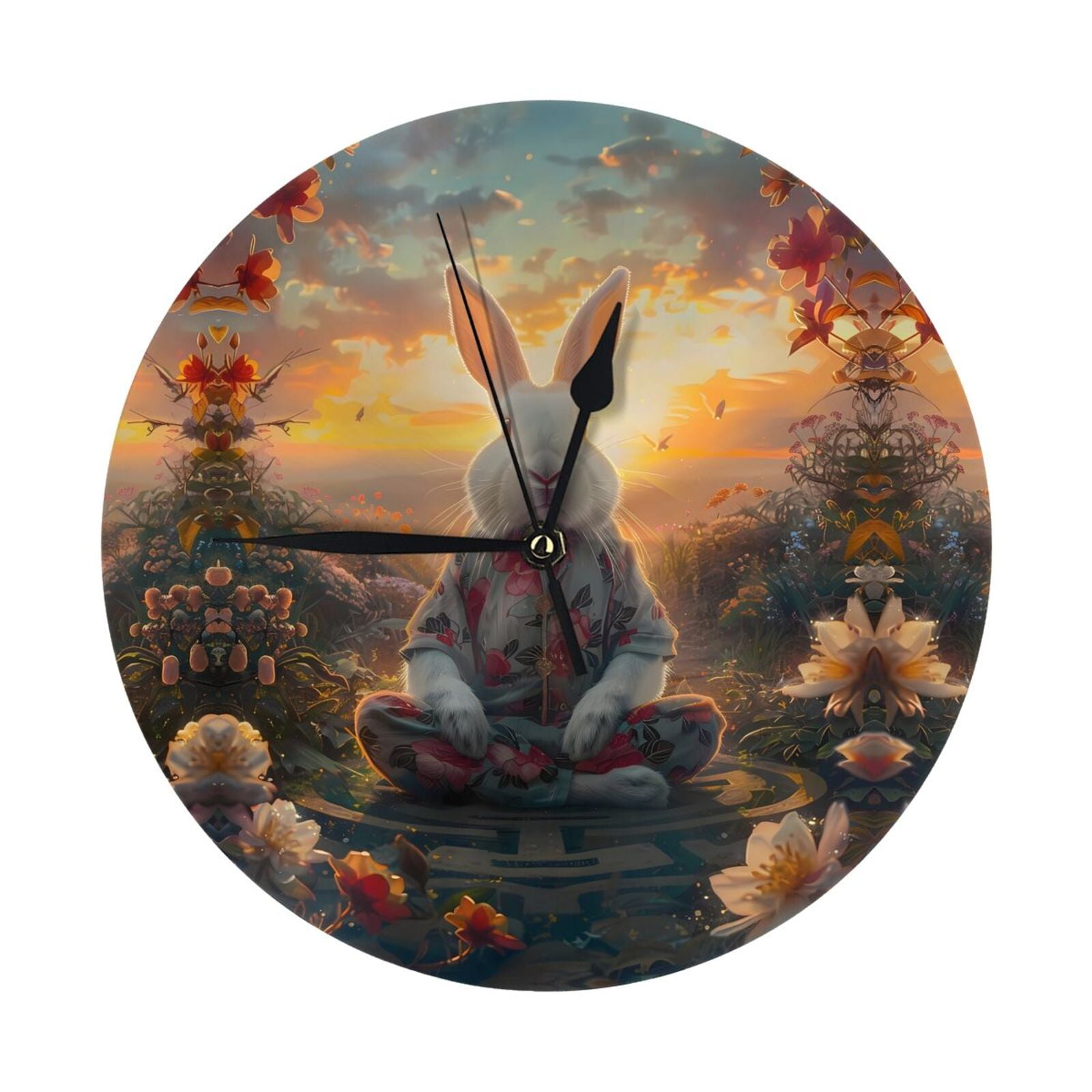 Wall Clock, Flower Meditating Rabbit Wall Clocks Battery Operated ...