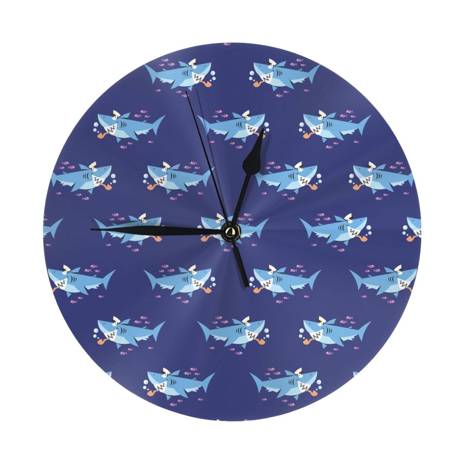 Wall Clock, Funny Cartoon Cute Shark Blue Wall Clocks Battery Operated ...