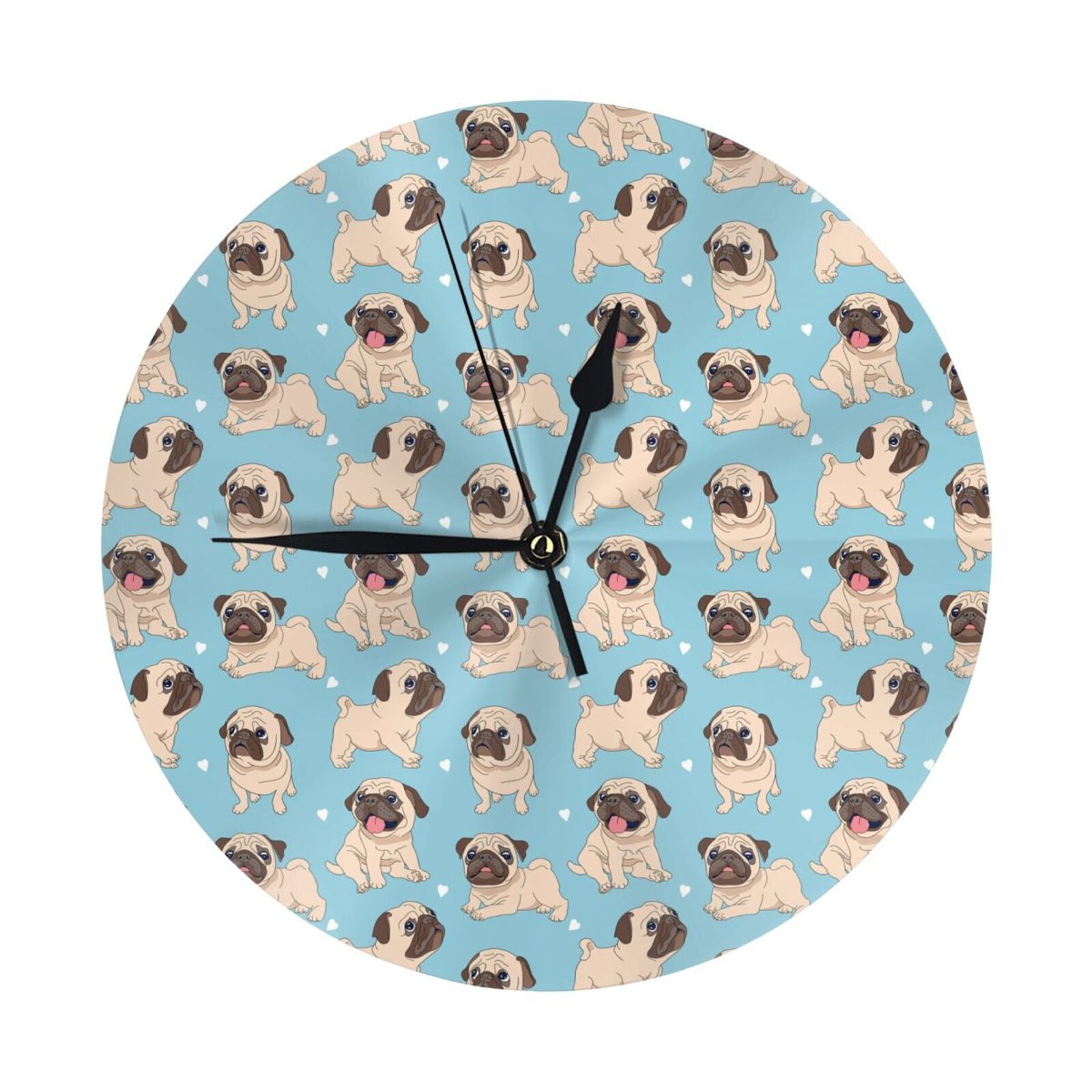 Wall Clock, Funny Cartoon Pugs Wall Clocks Battery Operated Silent ...