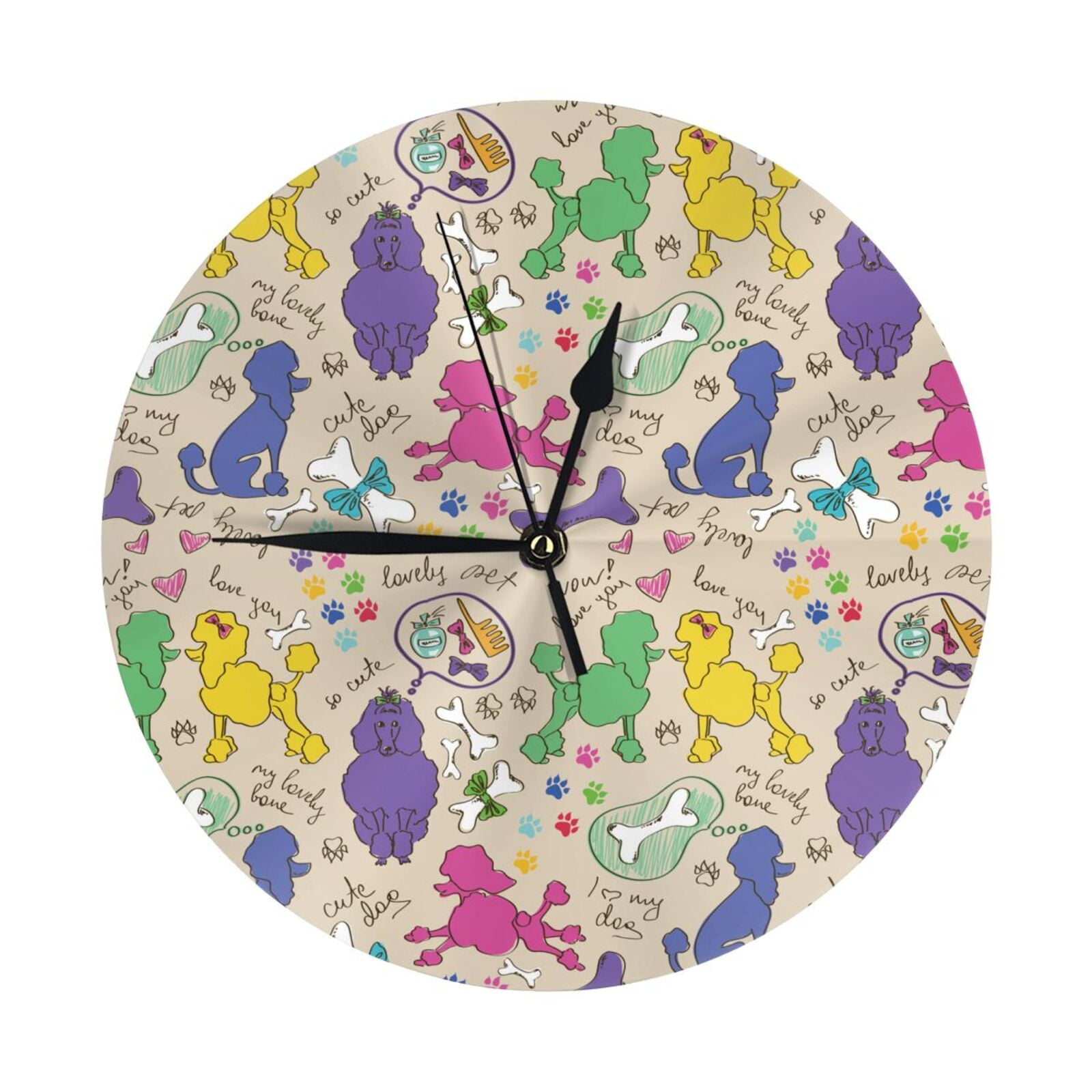 Wall Clock, Funny Cute Poodle Dog Multi Color Wall Clocks Battery ...