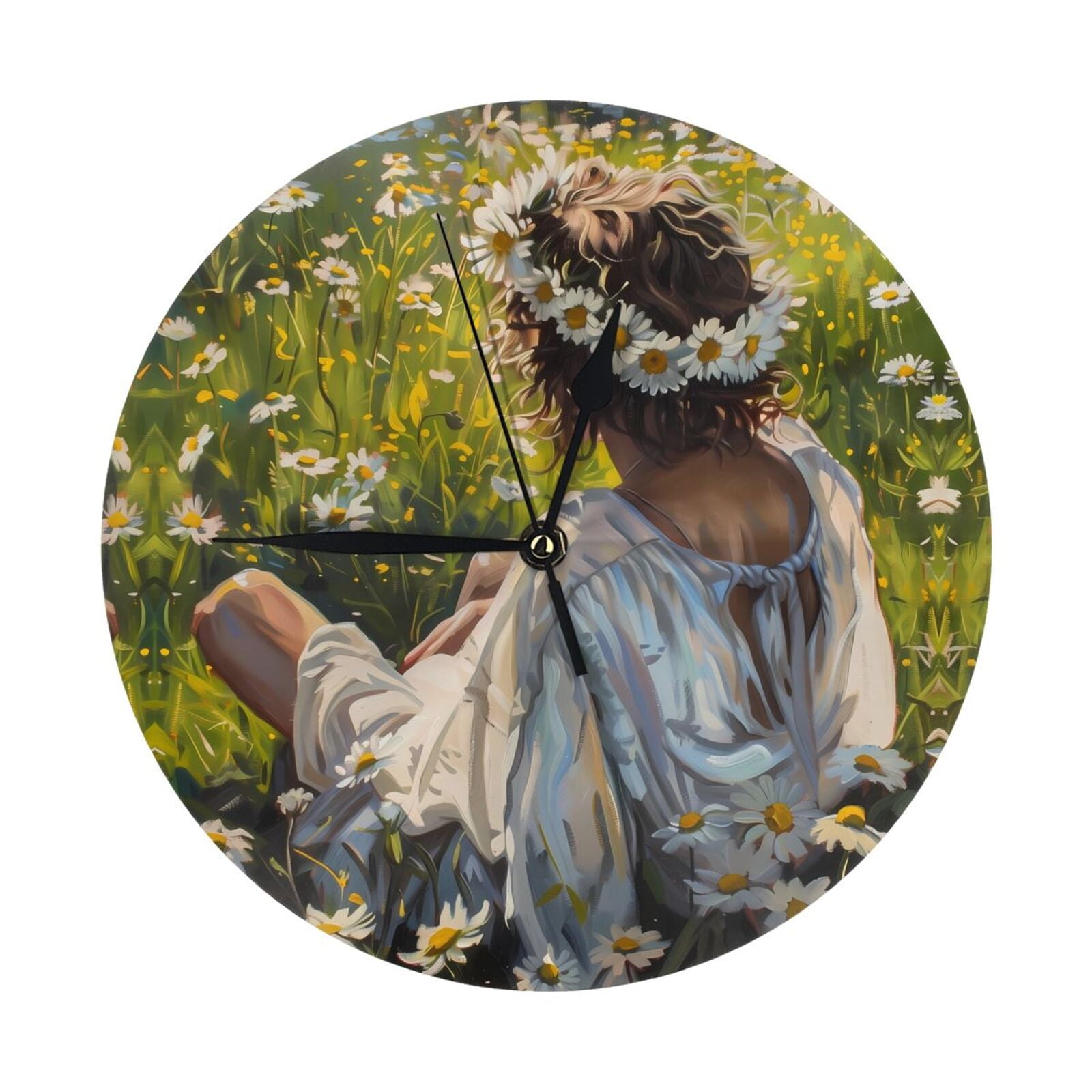 Wall Clock, Girl In Field Of Daisies Wall Clocks Battery Operated ...