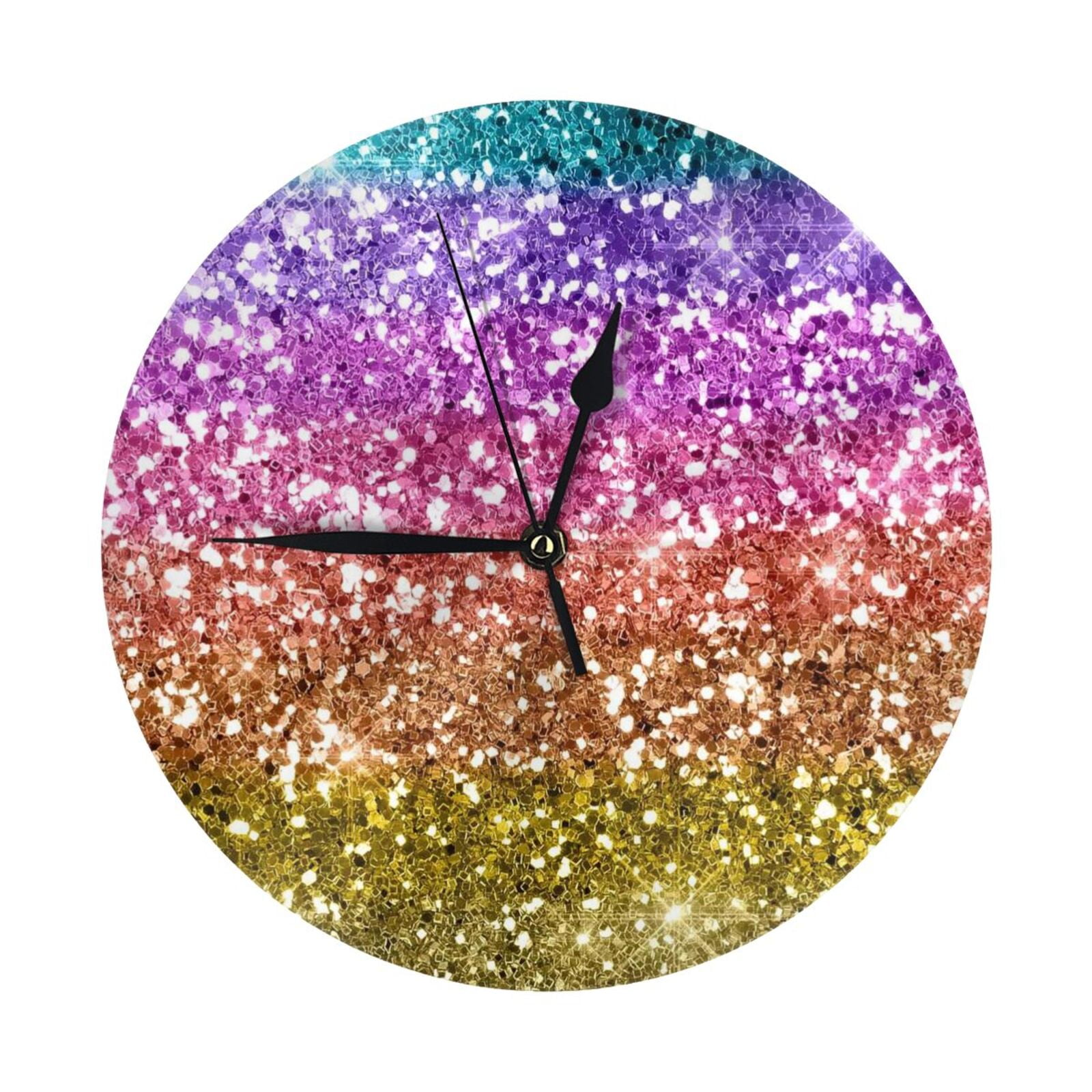 Wall Clock - Glitter Rainbow 9.8 Inch Silent Non Ticking Modern Round ...