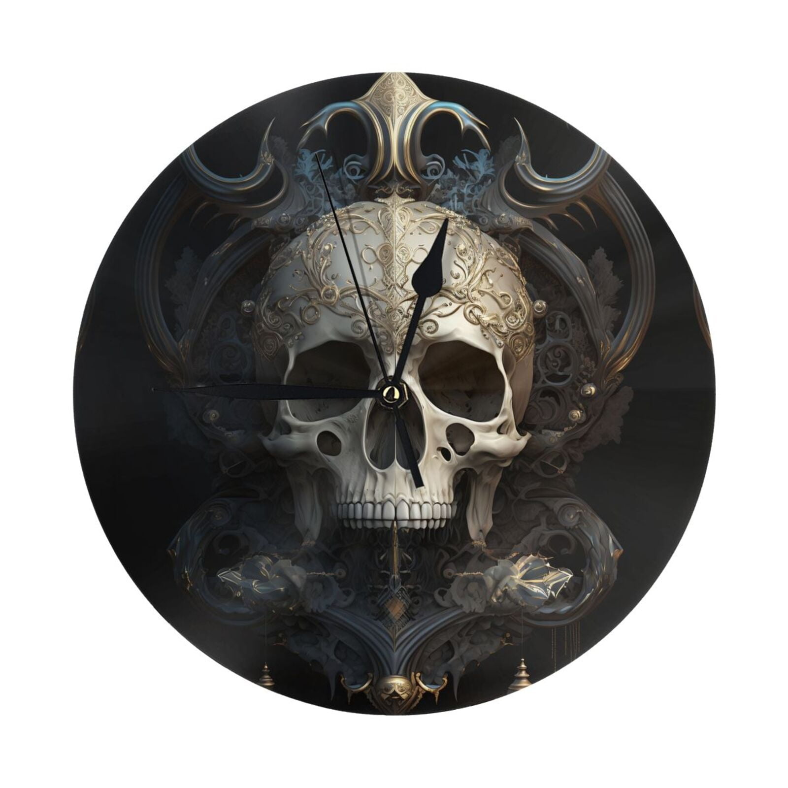 Wall Clock, Gold Pattern Skull Wall Clocks Battery Operated Silent Kitchen Office Wall Clock ...