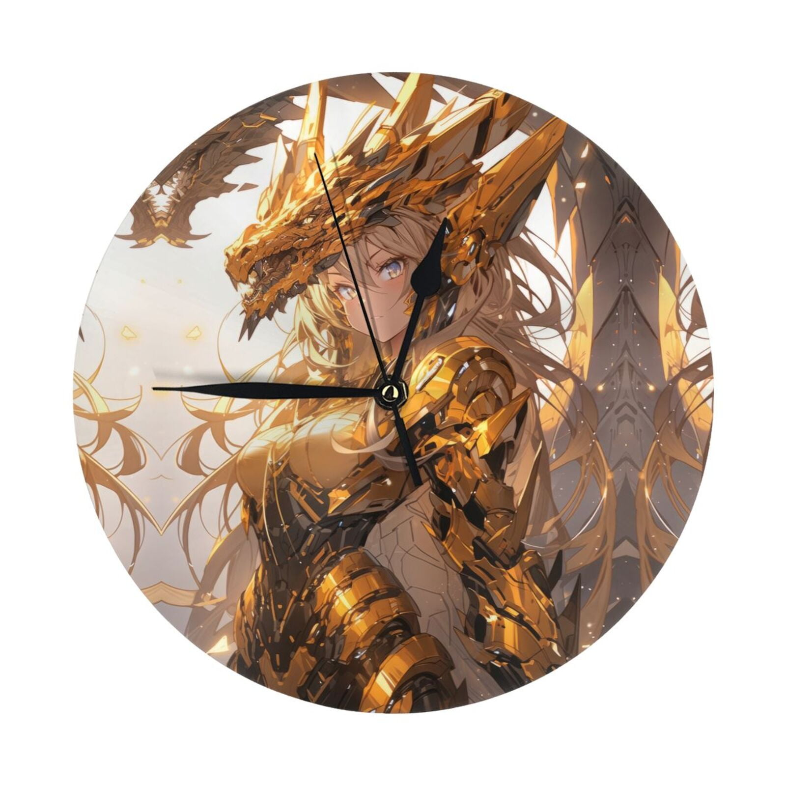 Wall Clock - Golden Armor Dragon Princess 9.8 Inch Silent Non Ticking ...