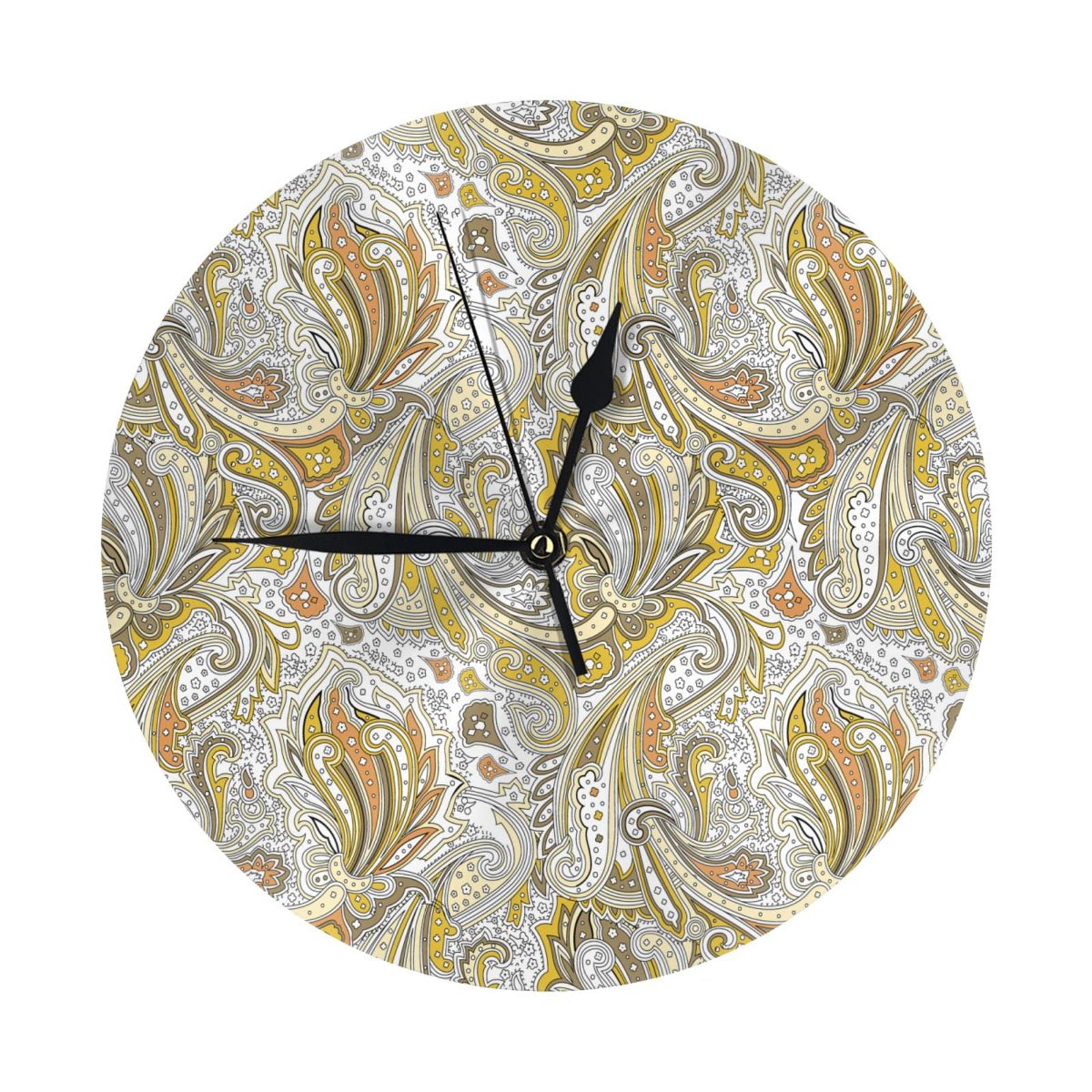 Wall Clock, Golden Paisley Wall Clocks Battery Operated Silent Kitchen ...