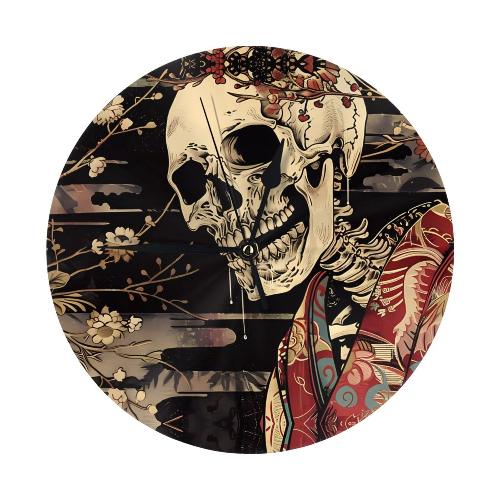 Wall Clock, Gothic Eastern Floral Skull Wall Clocks Battery Operated ...