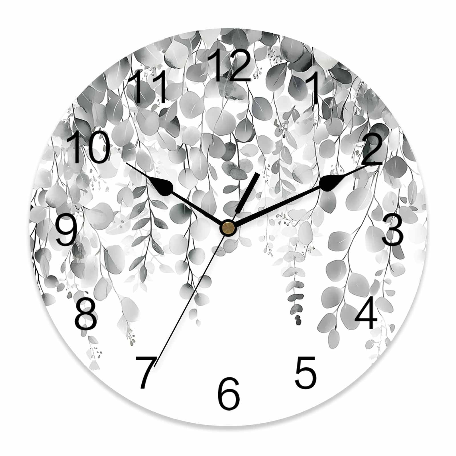 Wall Clock Gray Eucalyptus Leaves Clocks PVC Silent Non-Ticking Battery ...