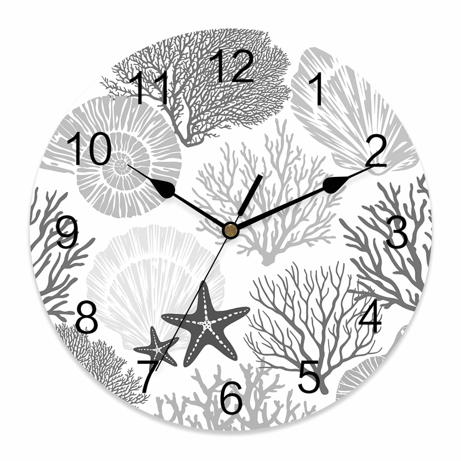 Wall Clock Gray Starfish Shell Clocks PVC Silent Non-Ticking Battery ...