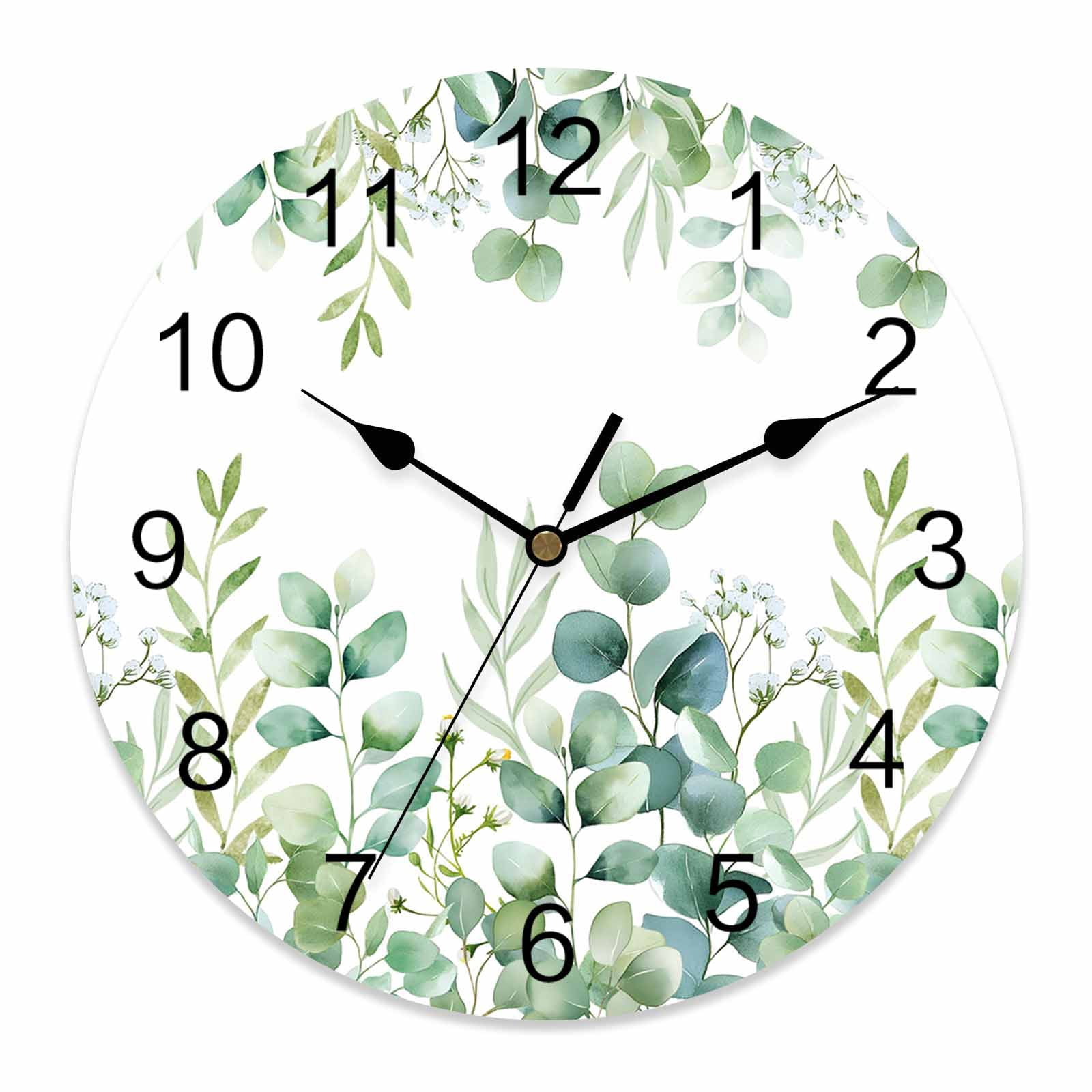 Wall Clock Green Eucalyptus Leaves Clocks PVC Silent Non-Ticking ...