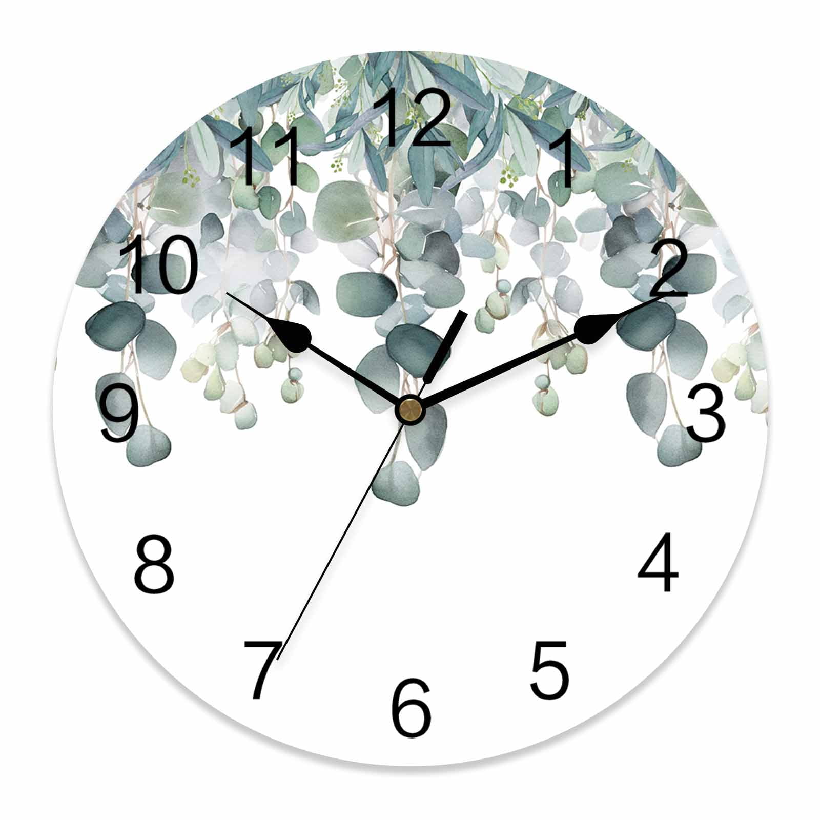 Wall Clock Green Eucalyptus Leaves Clocks PVC Silent Non-Ticking ...