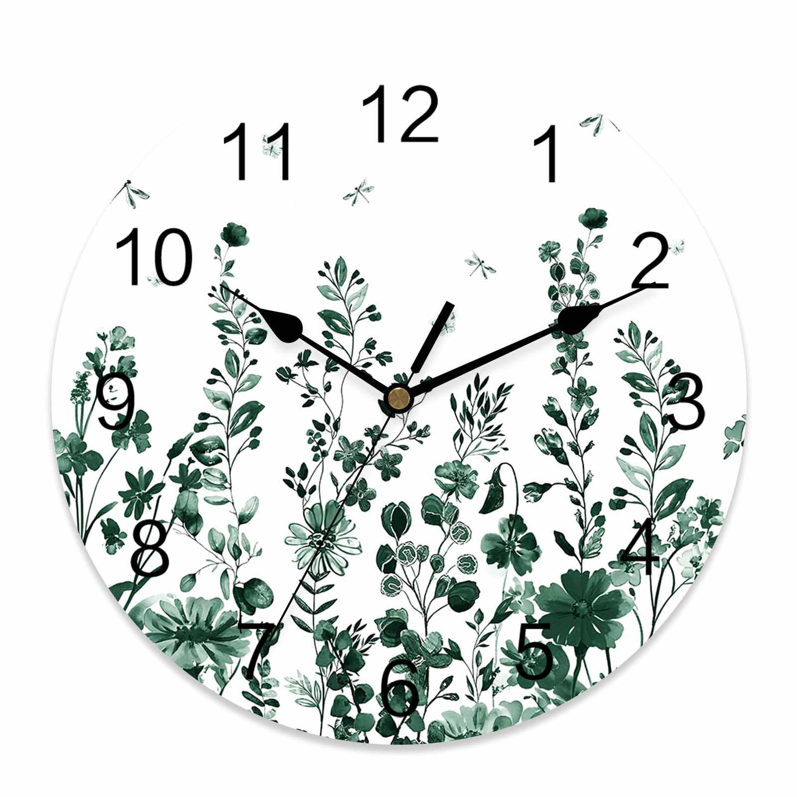 Wall Clock Green Floral Clocks PVC Silent Non-Ticking Battery Operated ...