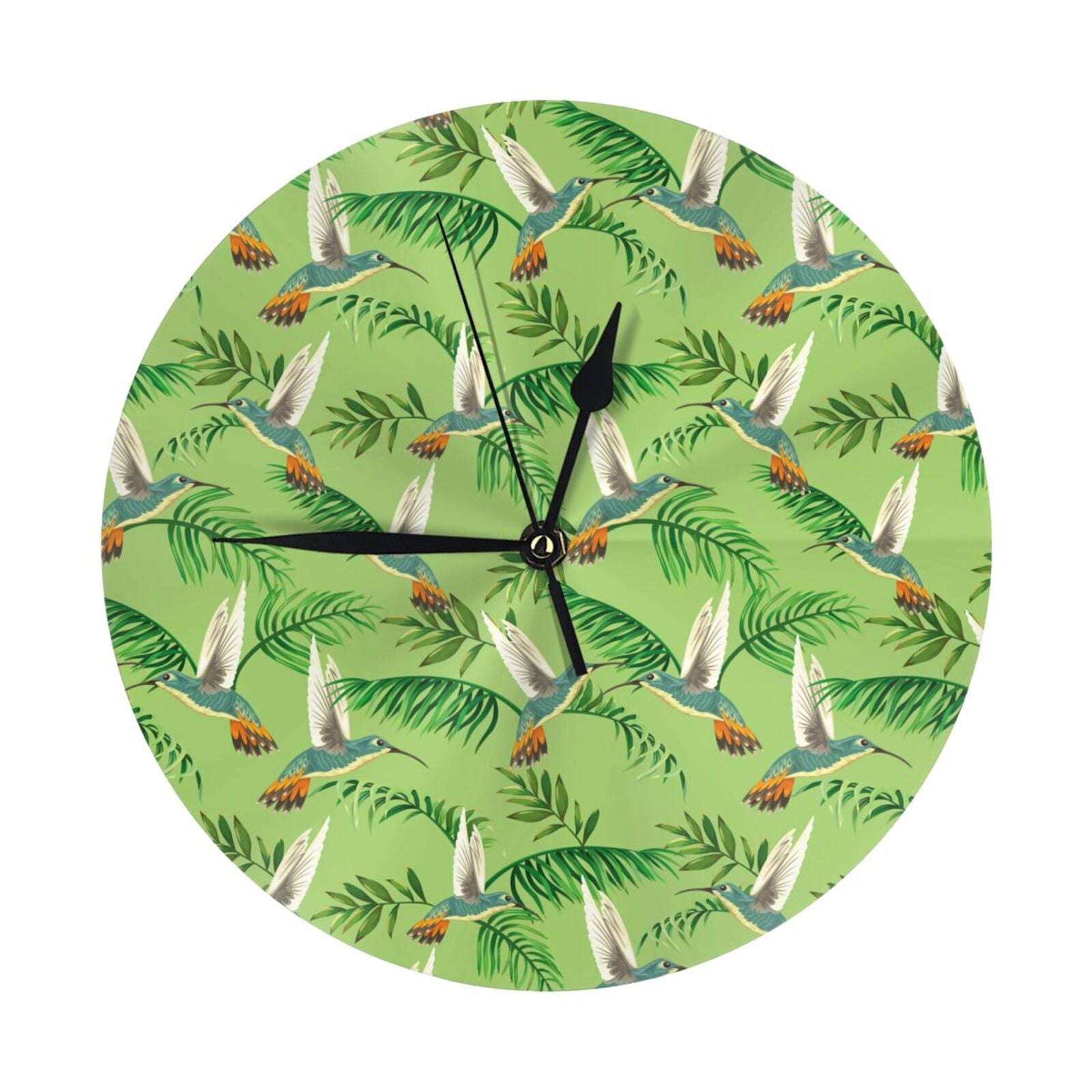 Wall Clock Green Hummingbird Palm Leaf Wall Clocks Battery Operated ...