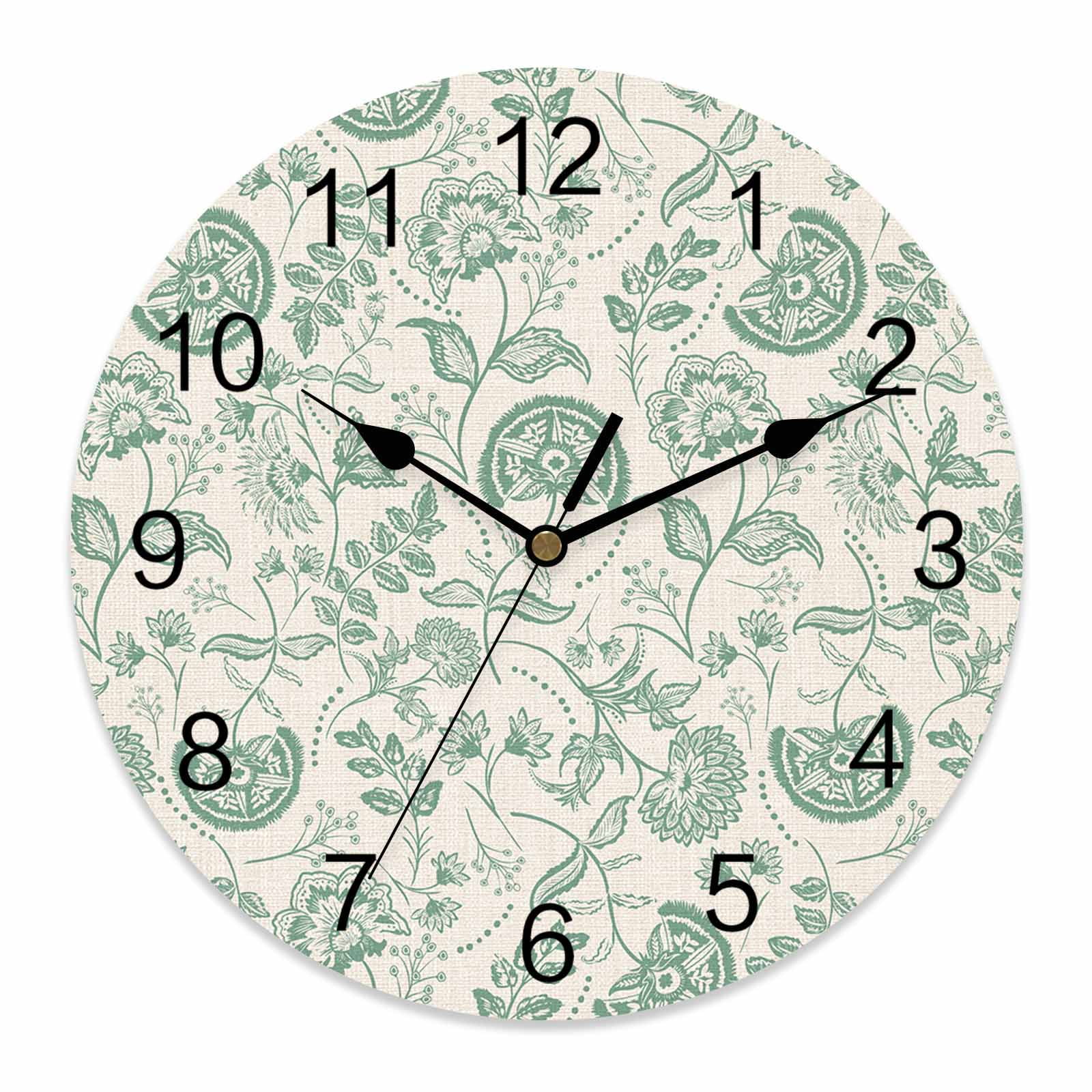 Wall Clock Green Pastoral Flowers Clocks PVC Silent Non-Ticking Battery ...