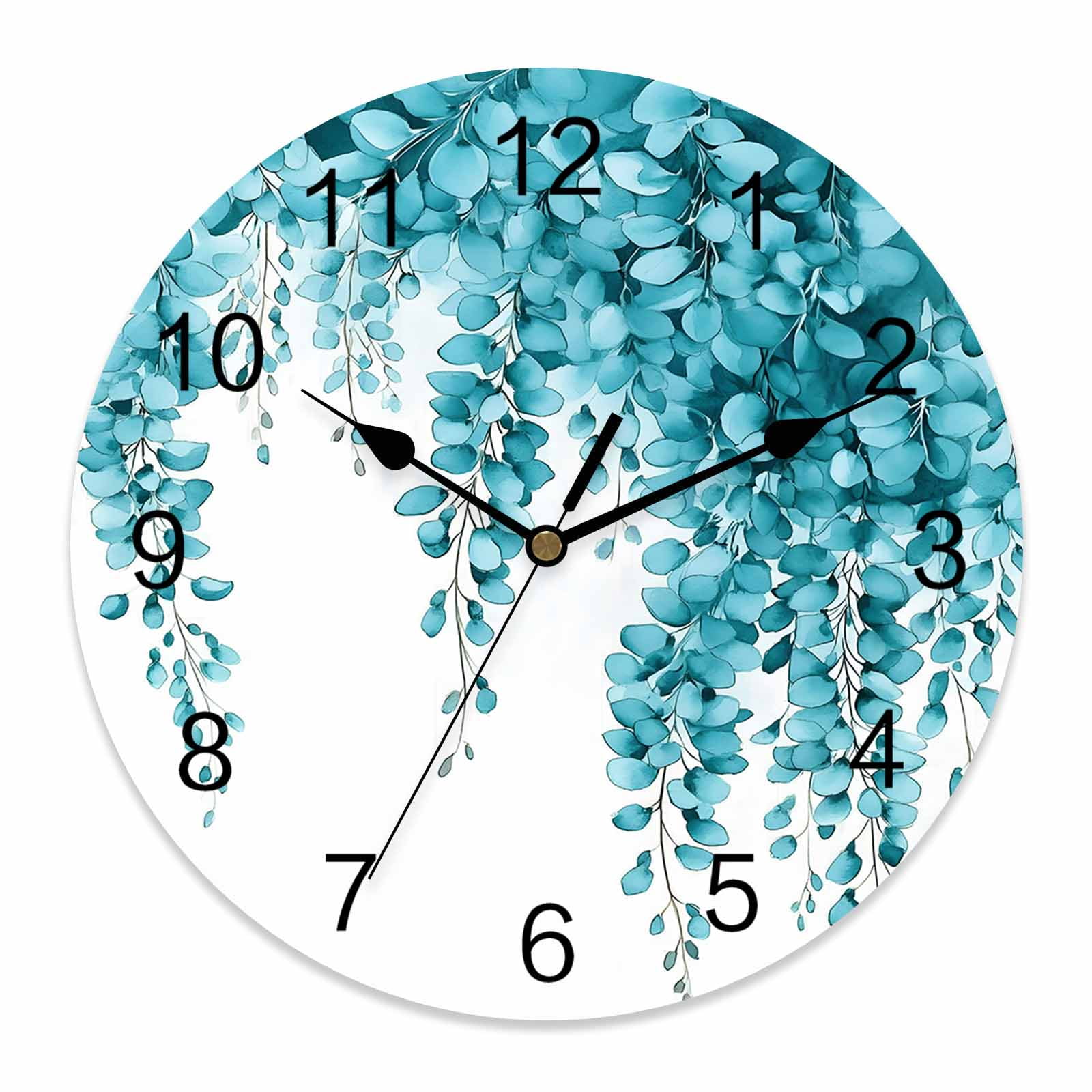 Wall Clock Green Teal Eucalyptus Leaves Clocks PVC Silent Non-Ticking ...