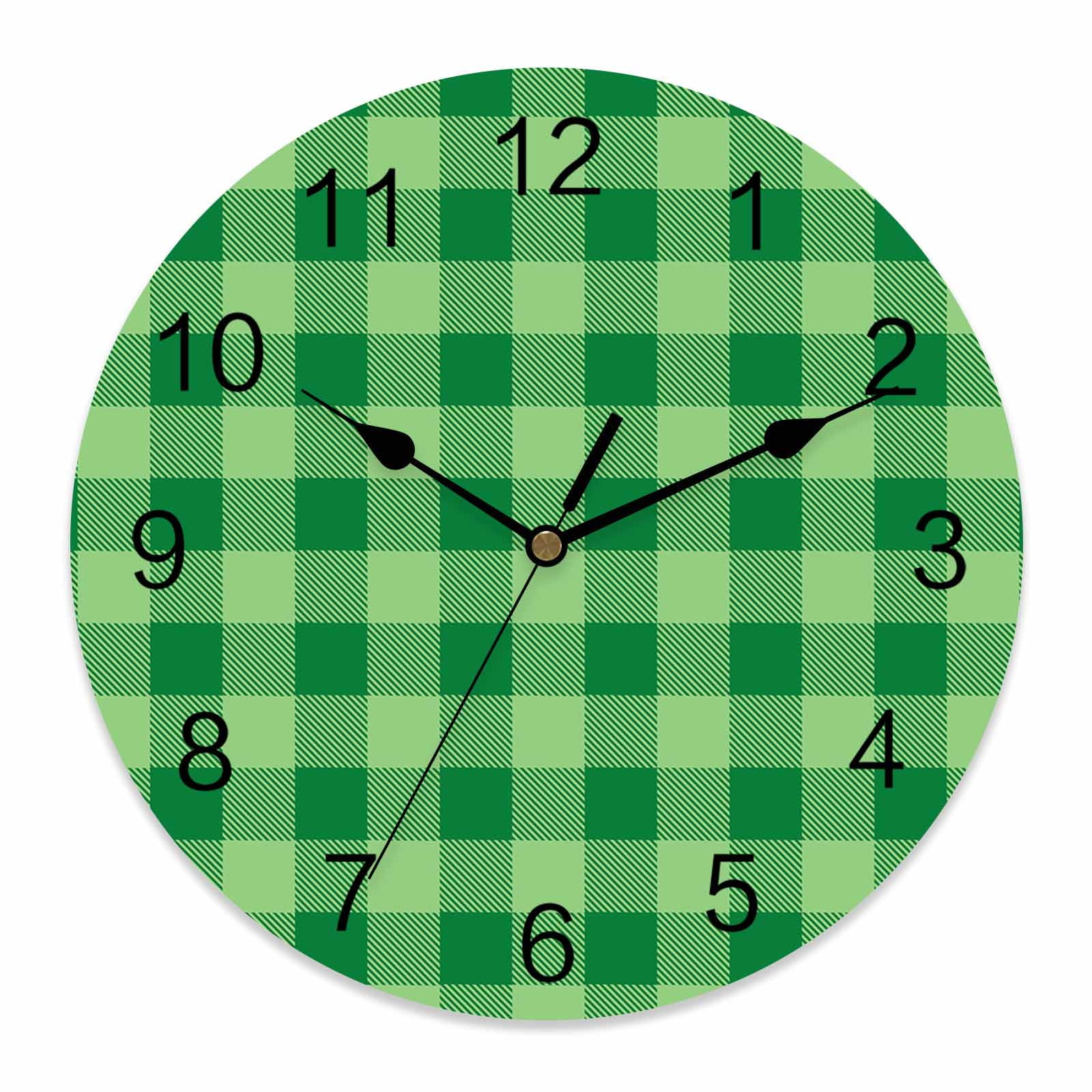 Wall Clock Green White Check Plaid Clocks PVC Silent Non-Ticking ...