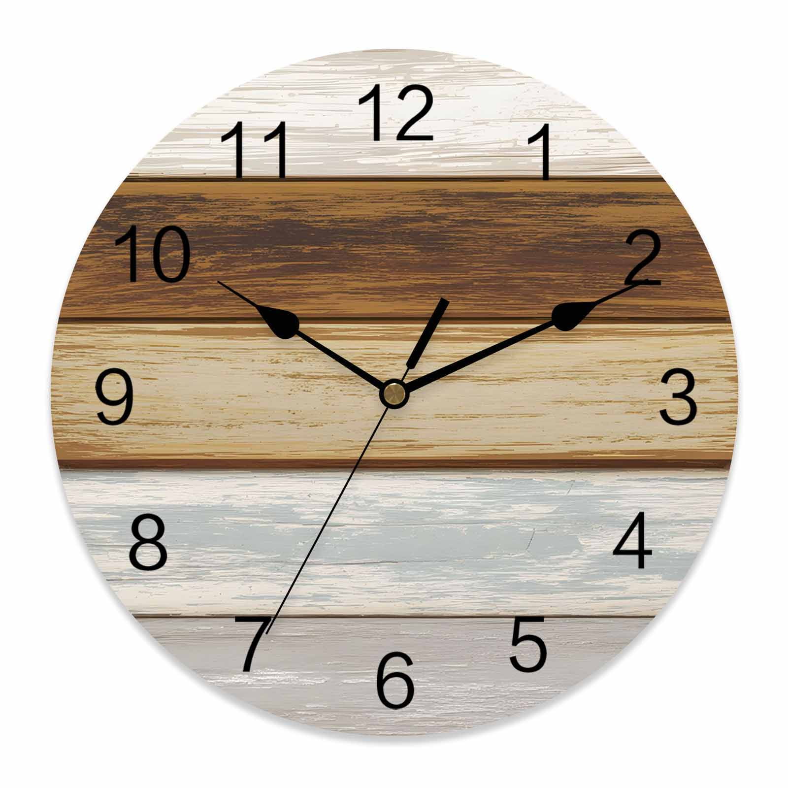 Wall Clock Grey Brown Wood Grain Clocks PVC Silent Non-Ticking Battery ...