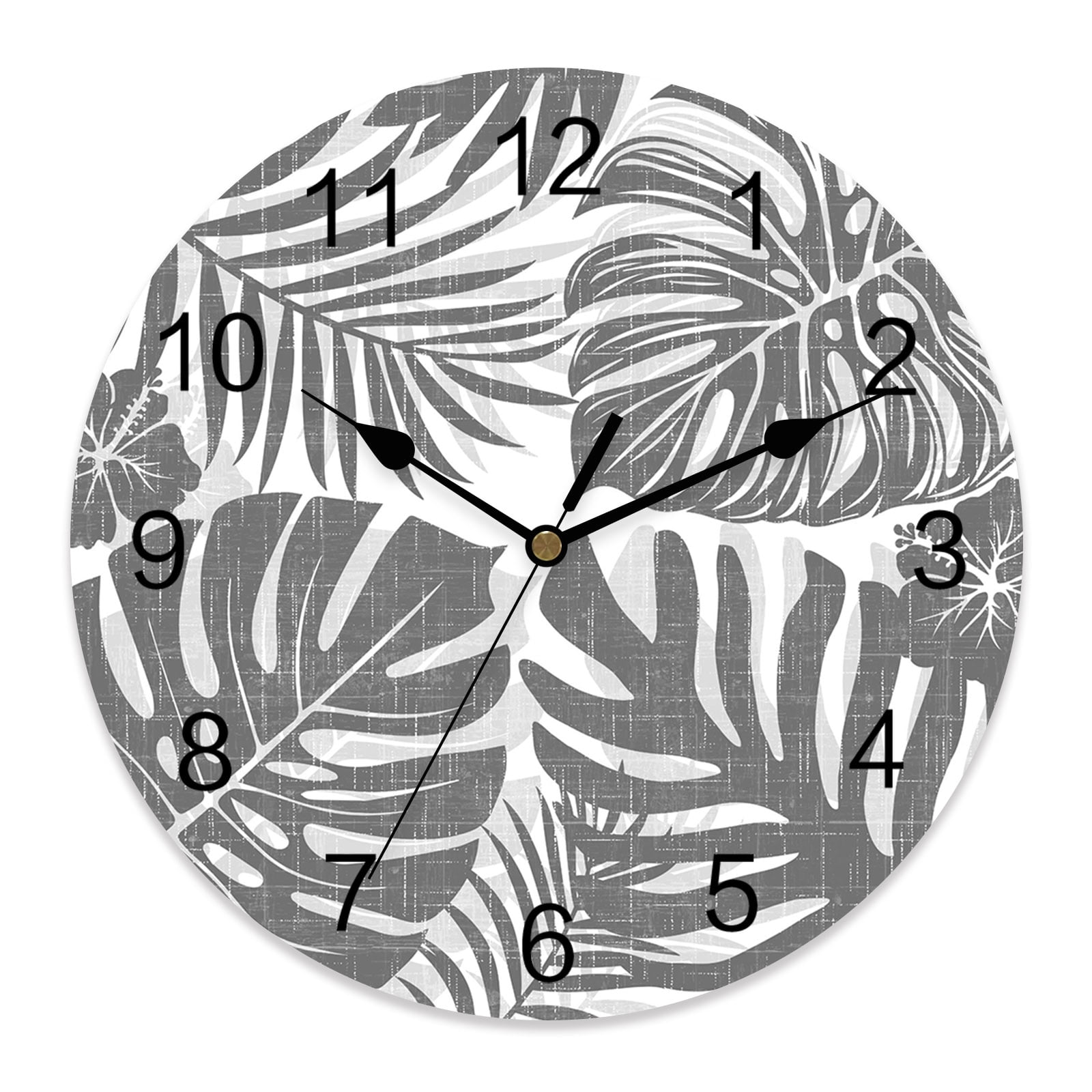 Wall Clock Grey Palm Leaves Clocks PVC Silent Non-Ticking Battery ...