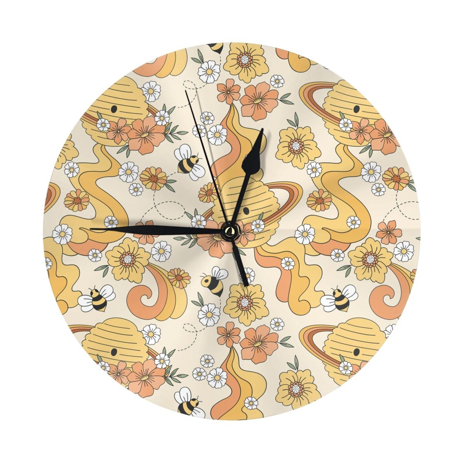 Wall Clock, Groovy Floral Wall Clocks Battery Operated Silent Kitchen ...