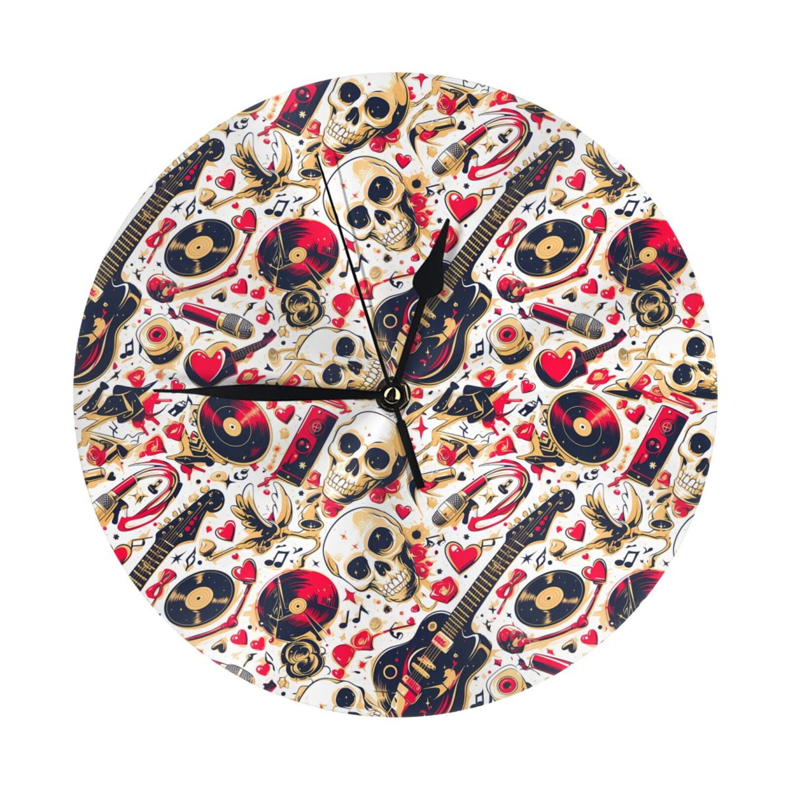 Wall Clock, Guitar Skull rock Wall Clocks Battery Operated Silent ...