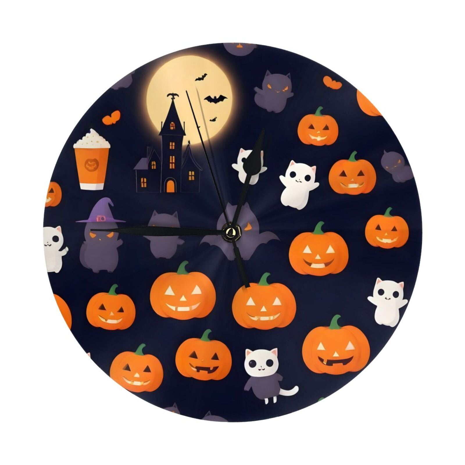 Wall Clock, Halloween Cute Bat Cat Wall Clocks Battery Operated Silent ...