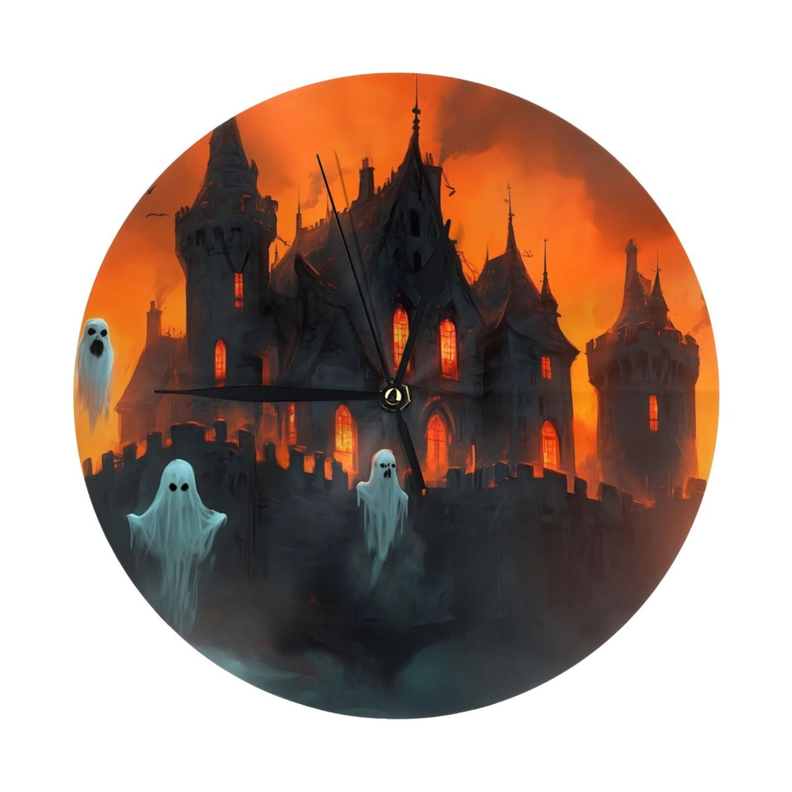 Wall Clock - Halloween Flame Castle Ghost A 9.8 Inch Silent Non Ticking ...