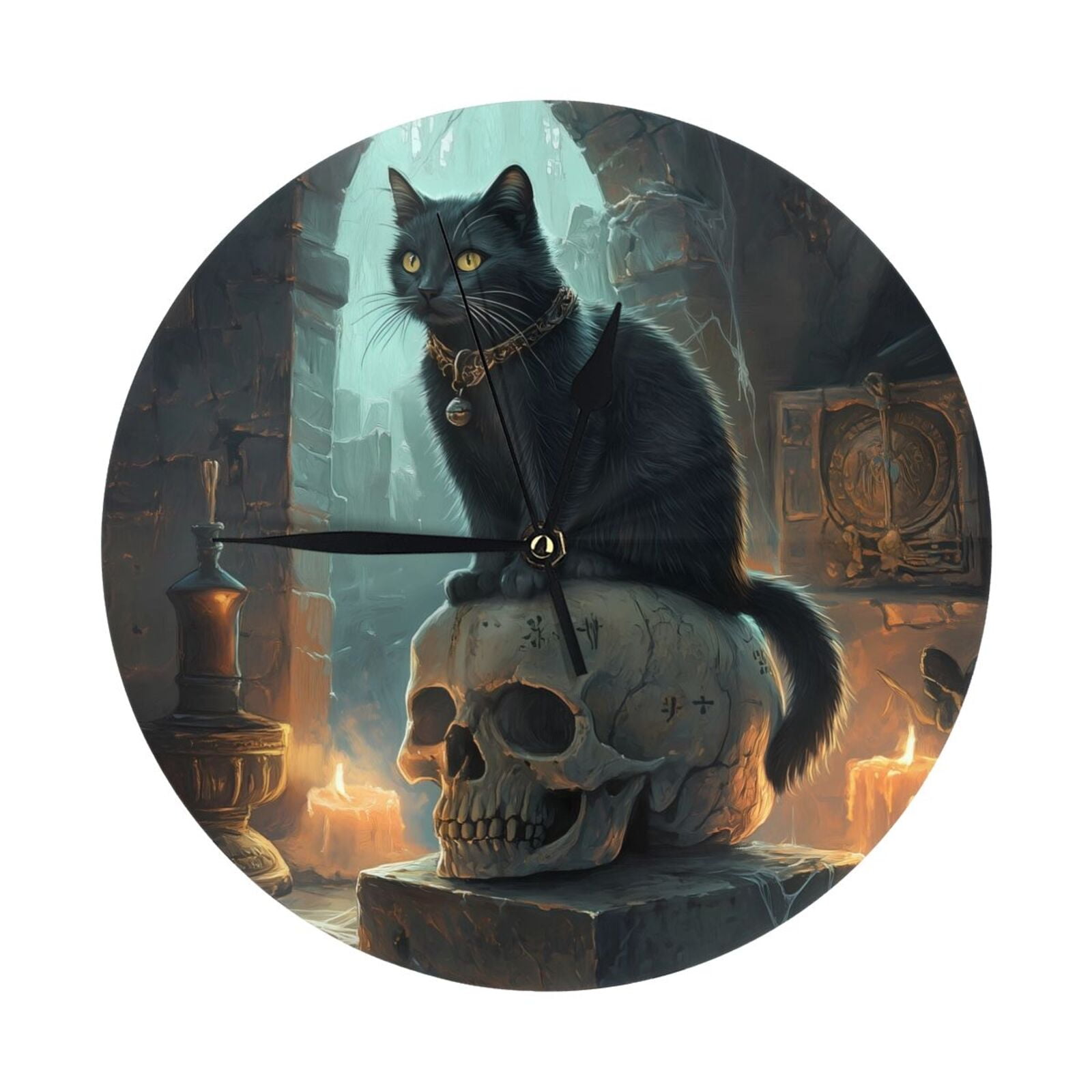 Wall Clock - Halloween Vintage Black Cat Skull 9.8 Inch Silent Non ...