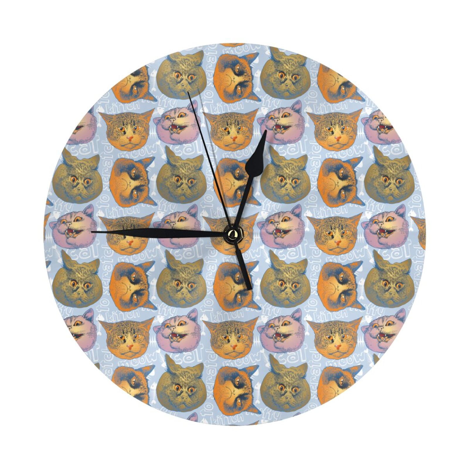 Wall Clock Hand Drawn Funny Cat Face Wall Clocks Battery Operated ...