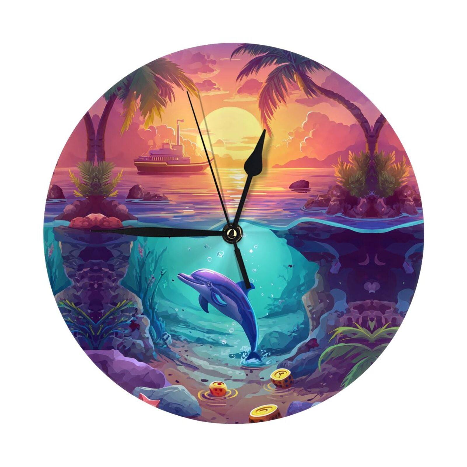 Wall Clock, Hawaiian Island Dolphin Wall Clocks Battery Operated Silent ...