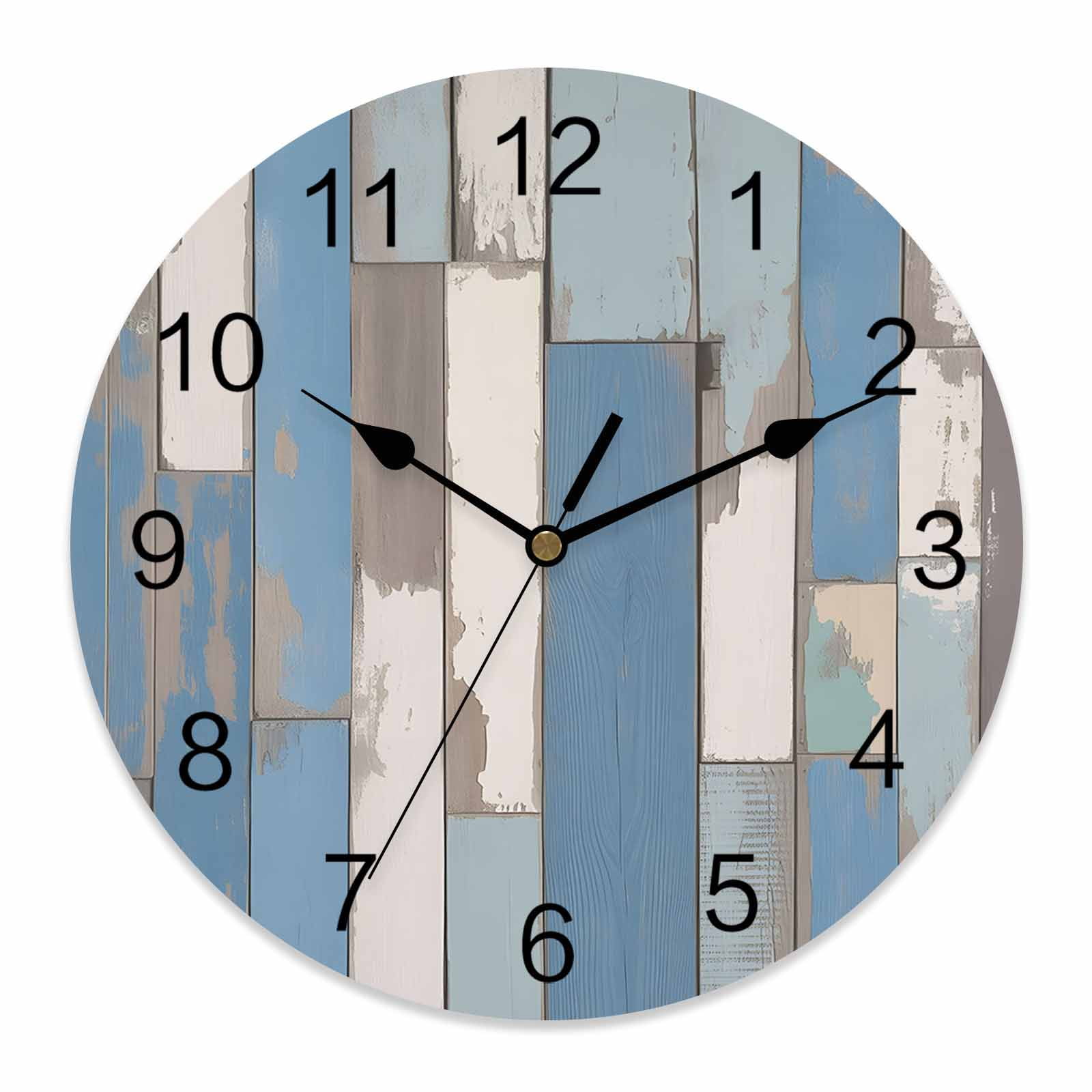 Wall Clock Haze Blue Wood Grain Clocks PVC Silent Non-Ticking Battery ...