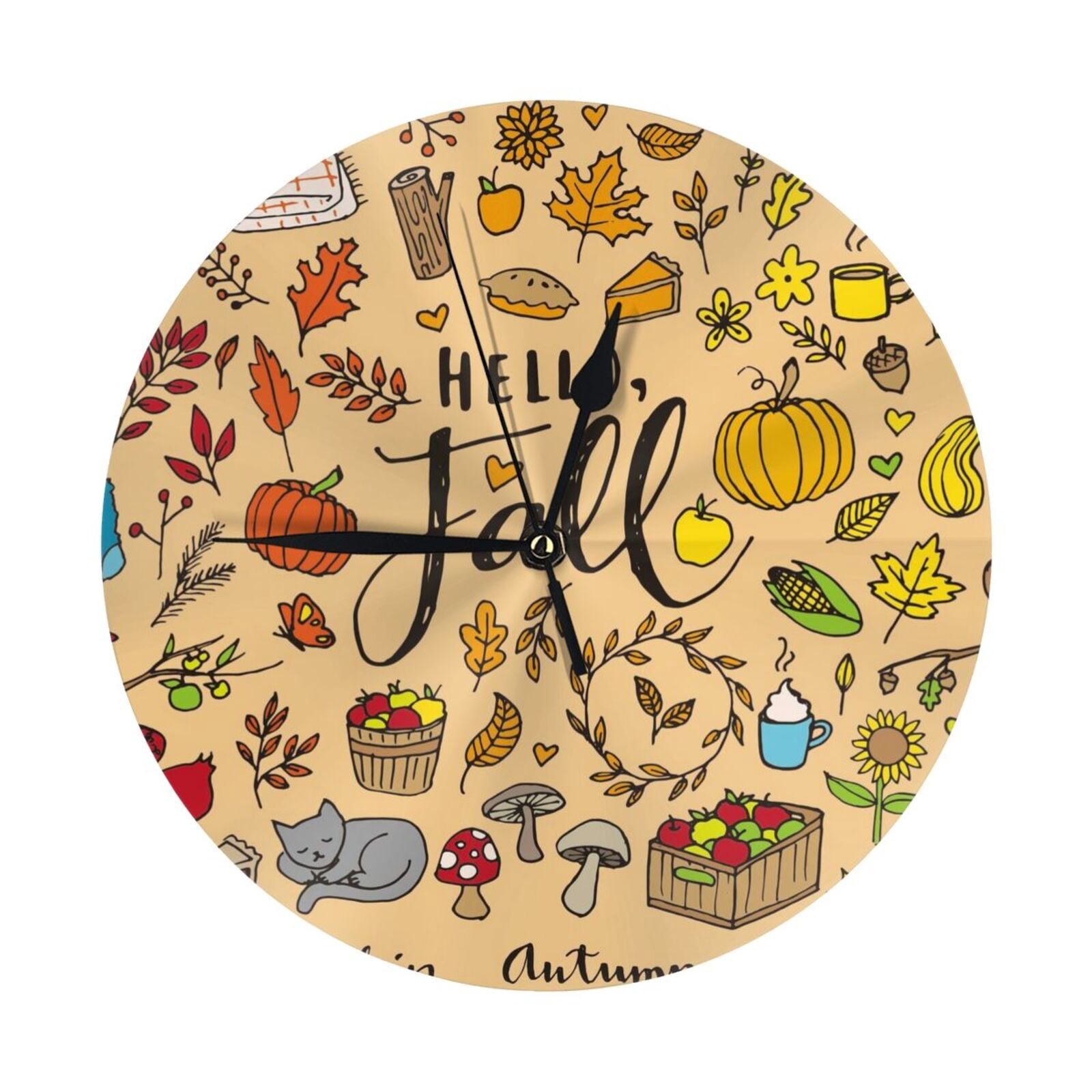 Wall Clock Hello Fall Autumn Leaves Wall Clocks Battery Operated ...