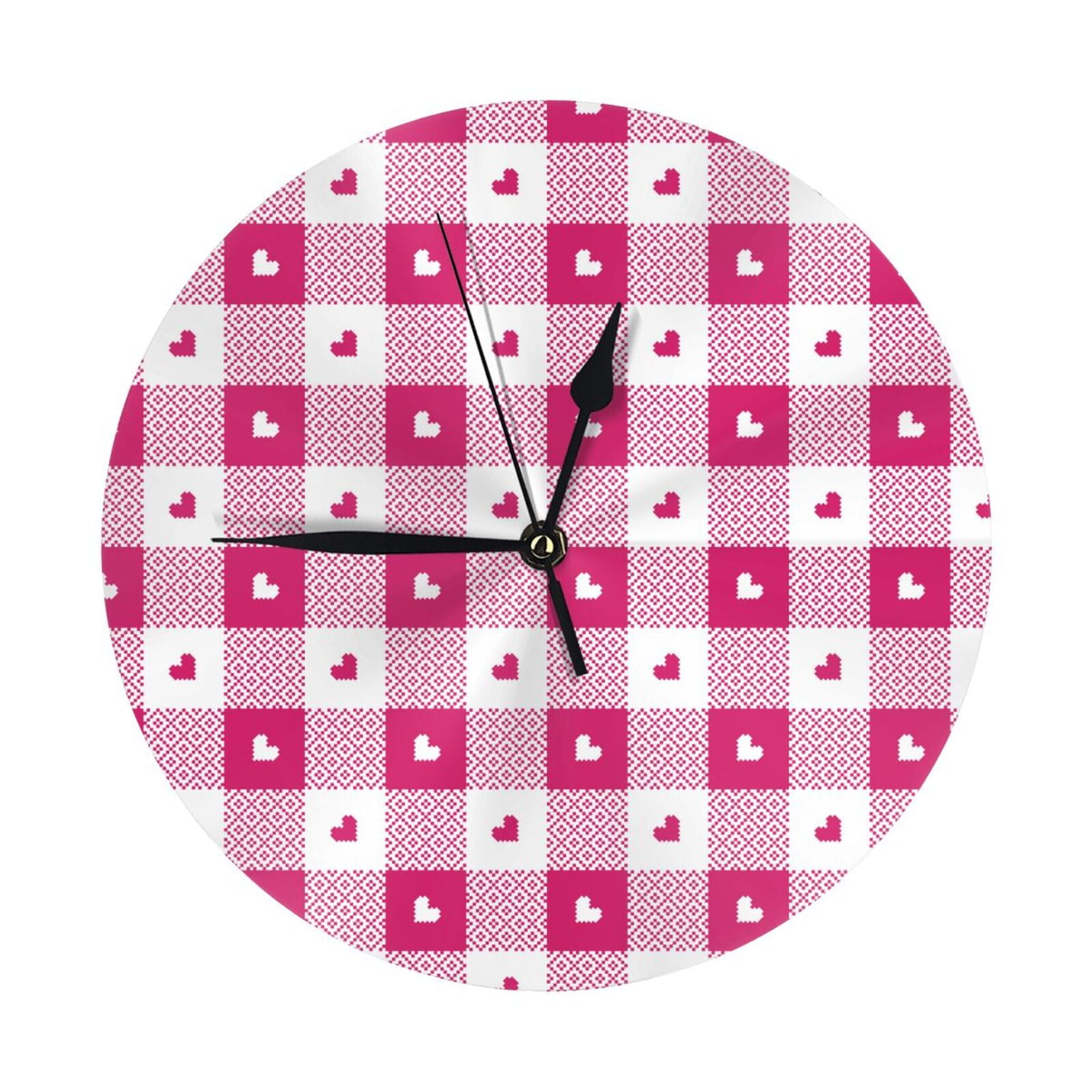 Wall Clock, Hot pink plaid heart Wall Clocks Battery Operated Silent ...